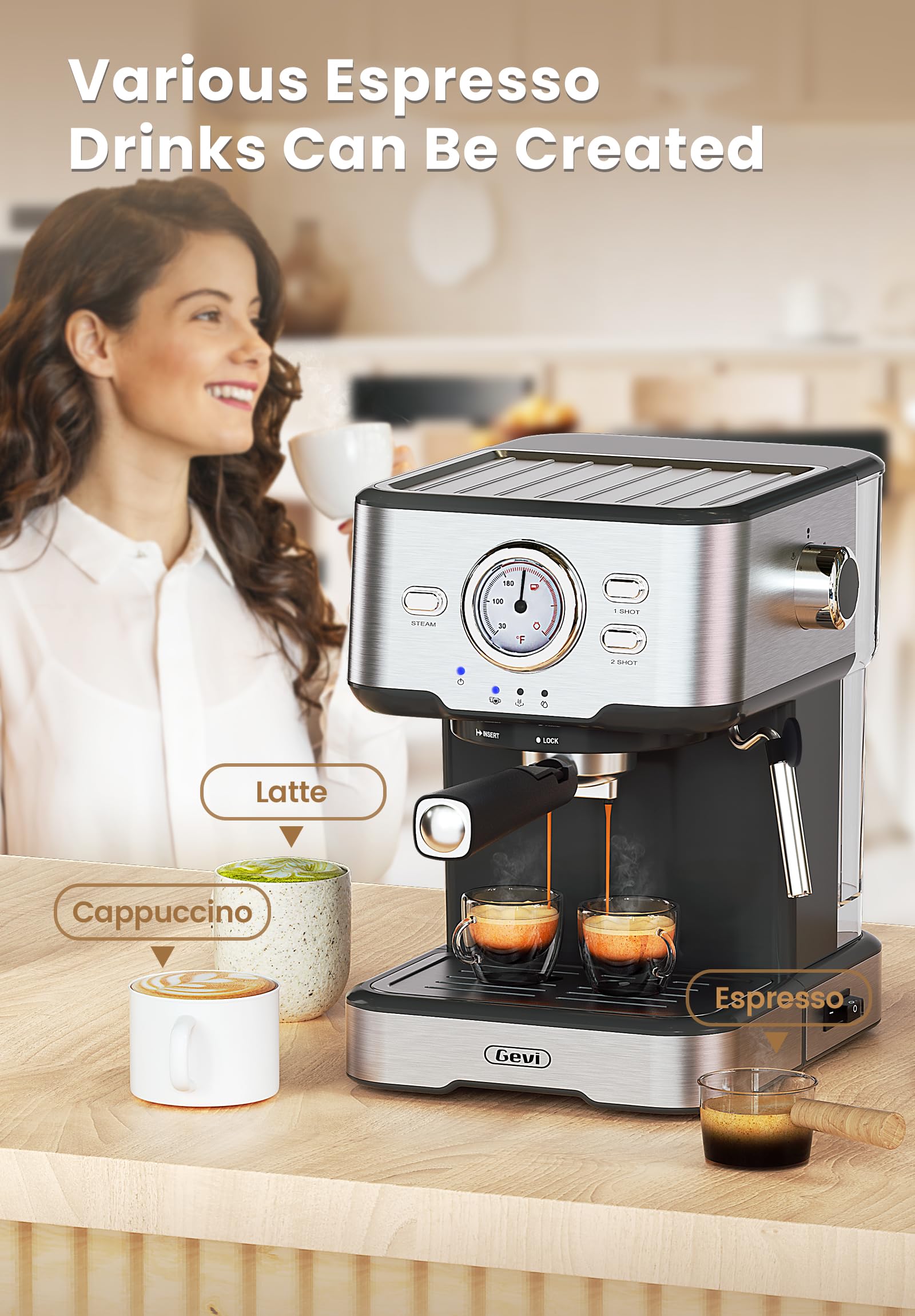 Gevi Espresso Machine High Pressure,compact espresso machines with Milk Frother Steam Wand,Professional Coffee,Cappuccino,Espresso,Latte,Macchiato Maker for home,espresso maker