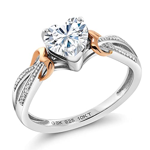 Gem Stone King 925 Sterling Silver and 10K Rose Gold White Heart Shape Moissanite and White Diamond Women Ring (0.81 Cttw, Available In Size 5, 6, 7, 8, 9)