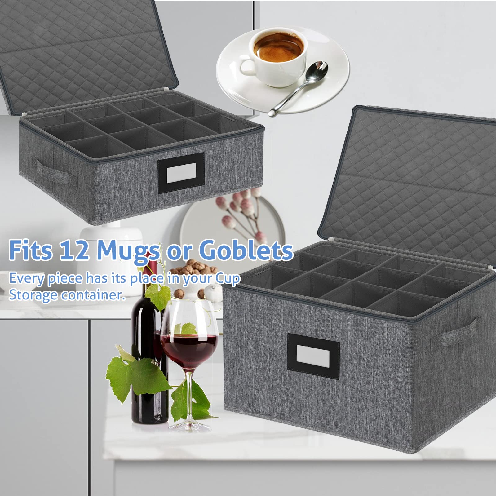homyfort China Storage Containers Set of 6,Includes Wine Glass & Stemware Cases,Cup Coffee Mug Box,Dish Plate Containers,Hard Shell with Dividers Handles for Dinnerware Moving, 300D Grey with Handles