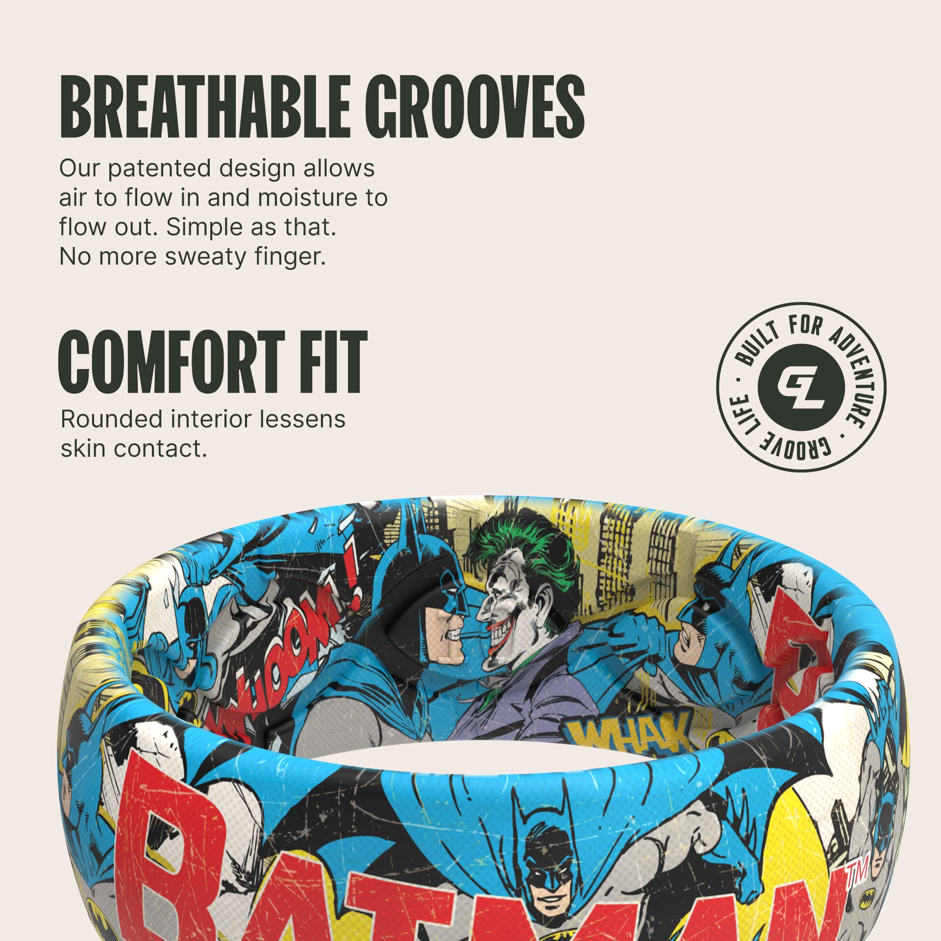 Groove Life DC Comics Classic Batman Silicone Ring - Breathable Rubber Wedding Rings for Men, Lifetime Coverage, Unique Design, Comfort Fit Ring - Size 12