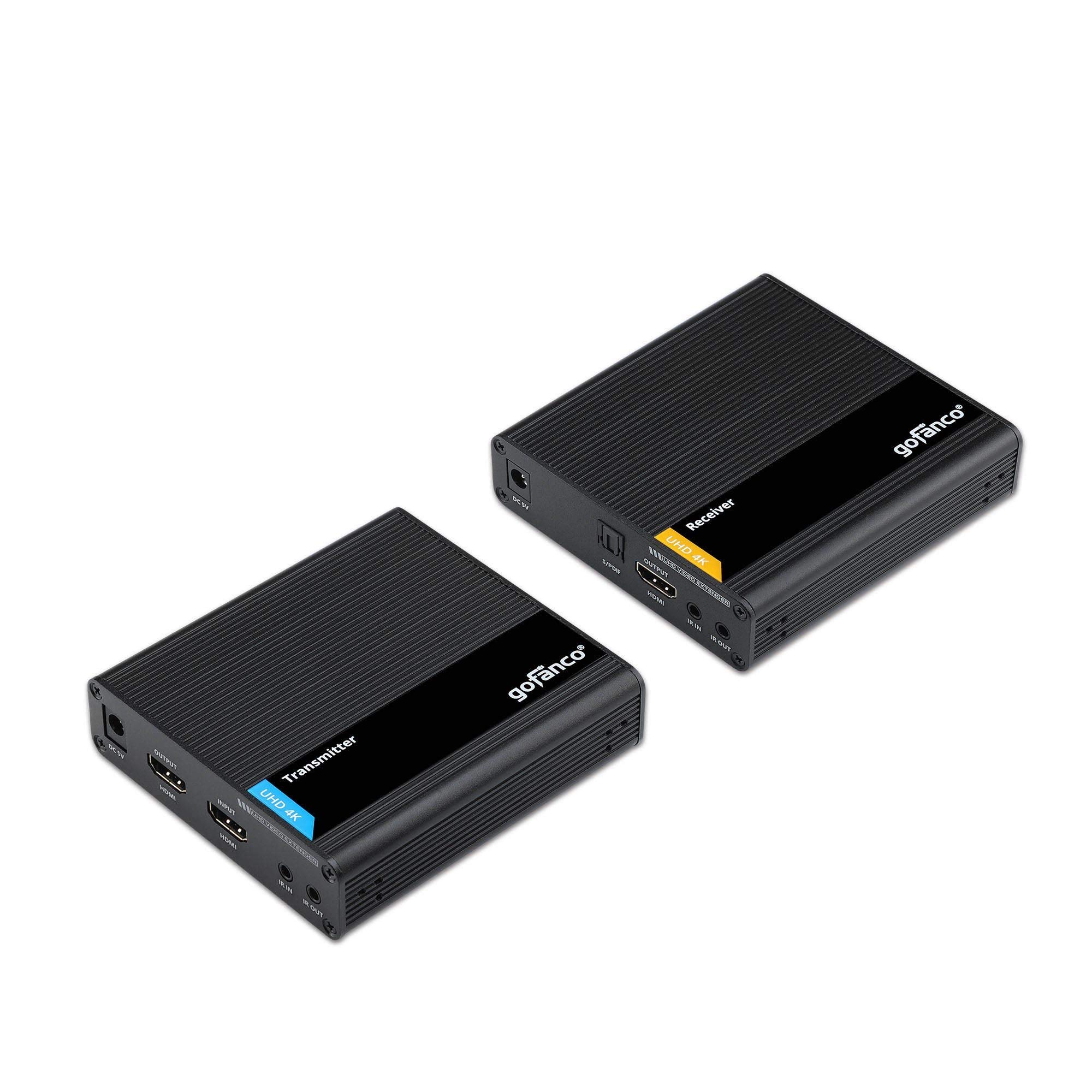 gofanco 4K HDMI 2.0 Extender Balun Over CAT6/7 Ethernet Cable â Loopout on TX, Up to 230ft (70m) at 4K @60Hz YUV 4:4:4, HDR, 18Gbps, HDCP 2.2, Dual IR, Toslink Audio, Near Zero Latency (HD20Ext-Aud)