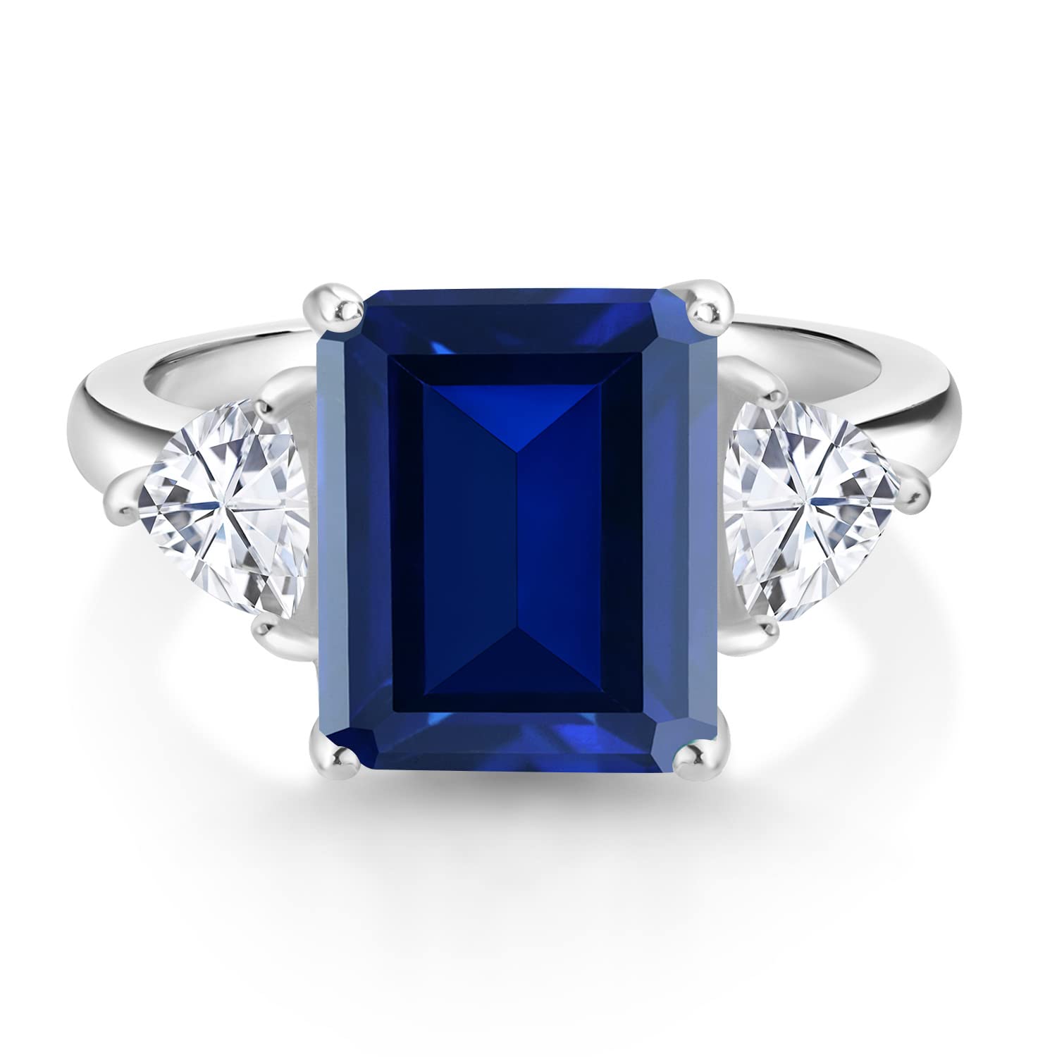 Gem Stone King 925 Sterling Silver Personalized Customized 12X10MM Emerald Cut and 5MM Trillion Cut Gemstone Birthstone 3 Stone Name Engraved Ring For Women (Size 6)