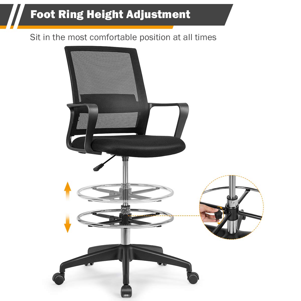 Giantex Mesh Drafting Chair, Tall Office Chair with Adjustable Foot Ring for Standing Desk, Swivel Mid Back Mesh Computer Chair w/Lumbar Support, Adjustable Height, Sturdy Home Office Furniture