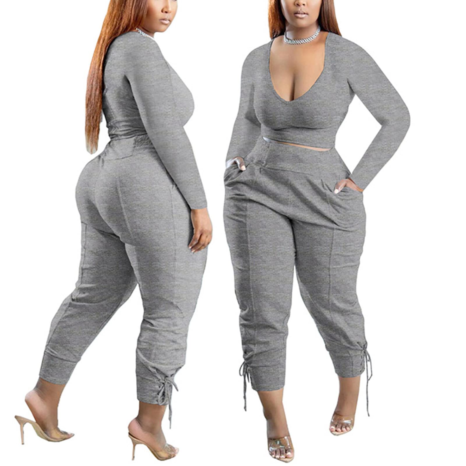 IyMoo Women Plus Size 2 Piece Sweatsuit Outfits Long Sleeve V Neck Crop Top + High Waisted Leggings Jogger Set Gray 4X