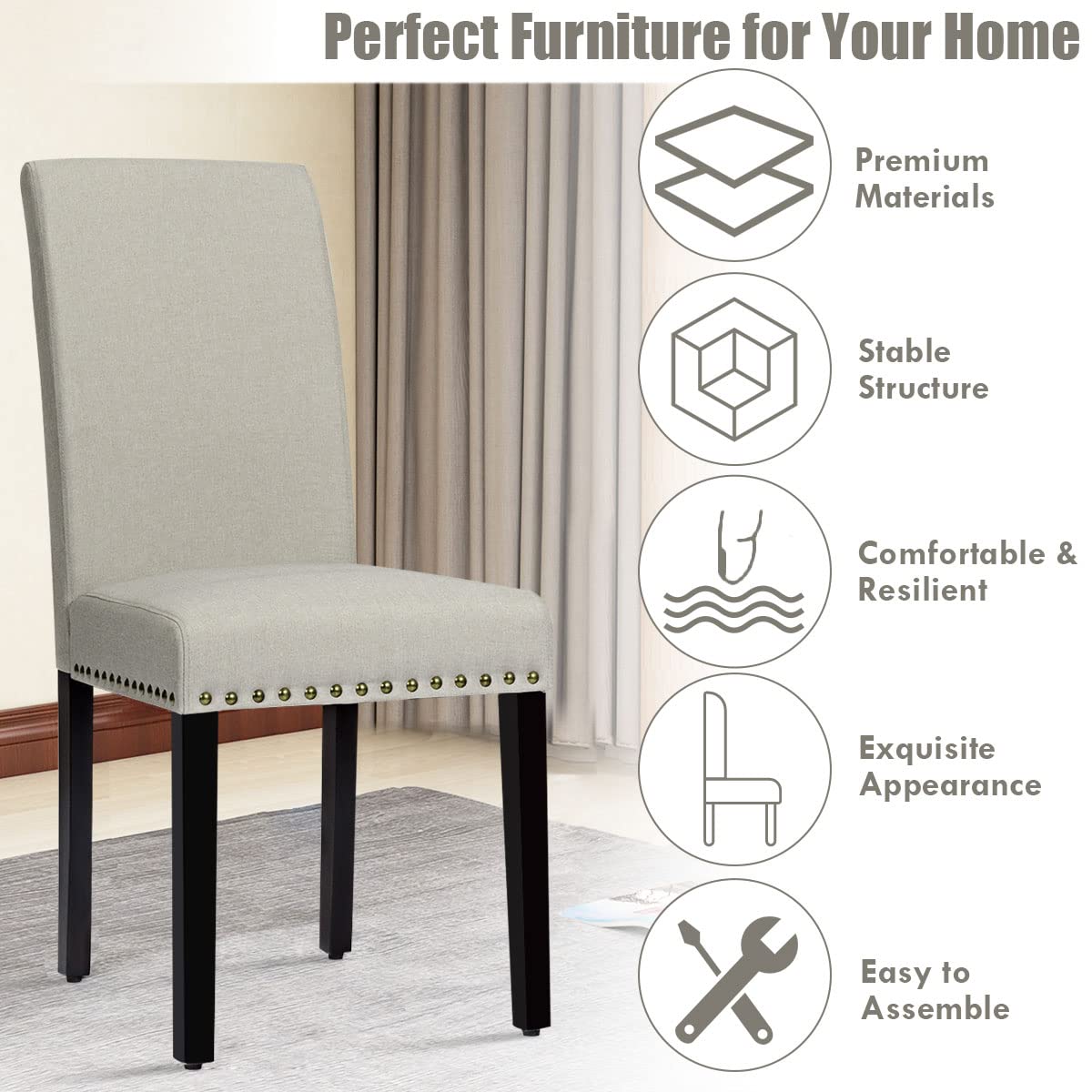 Giantex Upholstered Dining Chairs Set of 2, Fabric Side Chairs with Wood Legs, Soft Padded Seat, Nailhead Trim, Armless Parsons Dining Chair, Ideal for Dining Room, Kitchen, Living Room, Light Sage