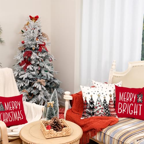 GEEORY Christmas Pillow Covers 18 x 18 Inch Set of 4, Snowflake Xmas Tree Present Merry Bright Holiday Decor Decorative Throw Cushion Cases Winter Decoration for Home Party Sofa Couch (Red)