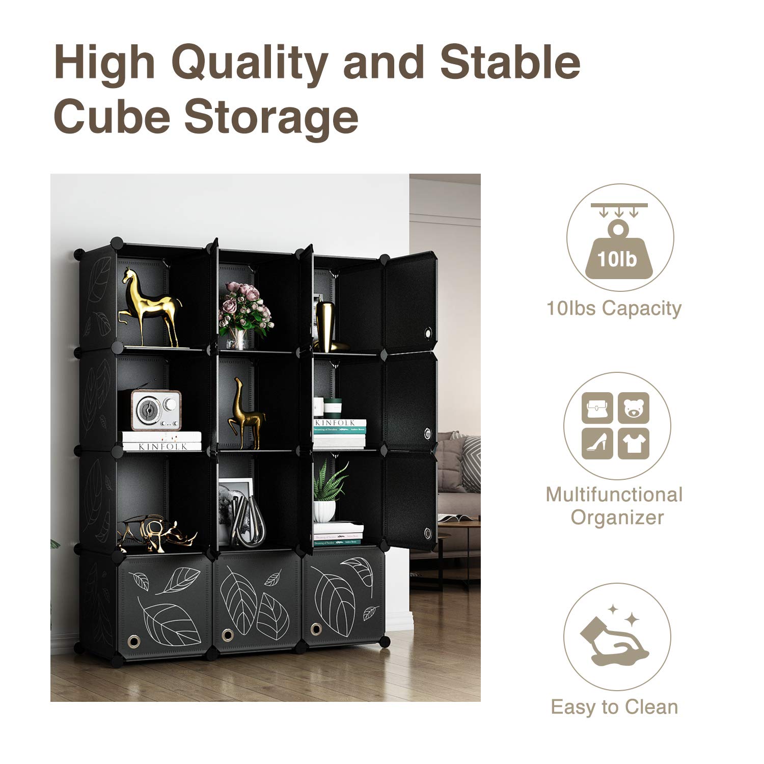 GREENSTELL Cube Storage Organizer, Plastic Closet Organizer with Doors, 12-Cube DIY Storage Cubes Organizer, Modular Storage Cabinet Book Shelf Shelving for Bedroom, Living Room, Office Black