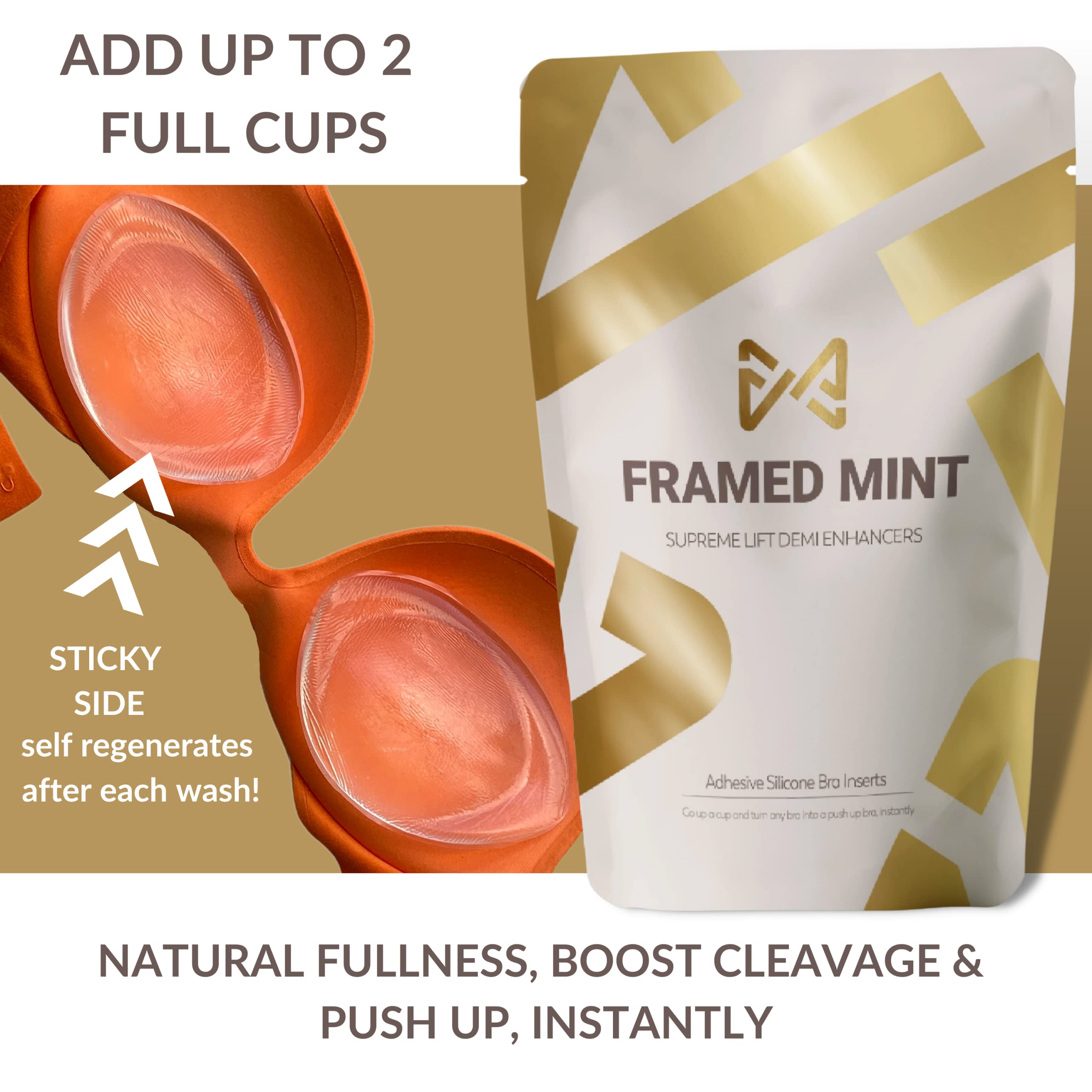 Framed Mint Silicone Bra Inserts - Push Up and Add Fullness Stay in Place Adhesive Cleavage Boosting Breast Enhancing for Dress, Swim & Everyday Wear (Medium), Clear
