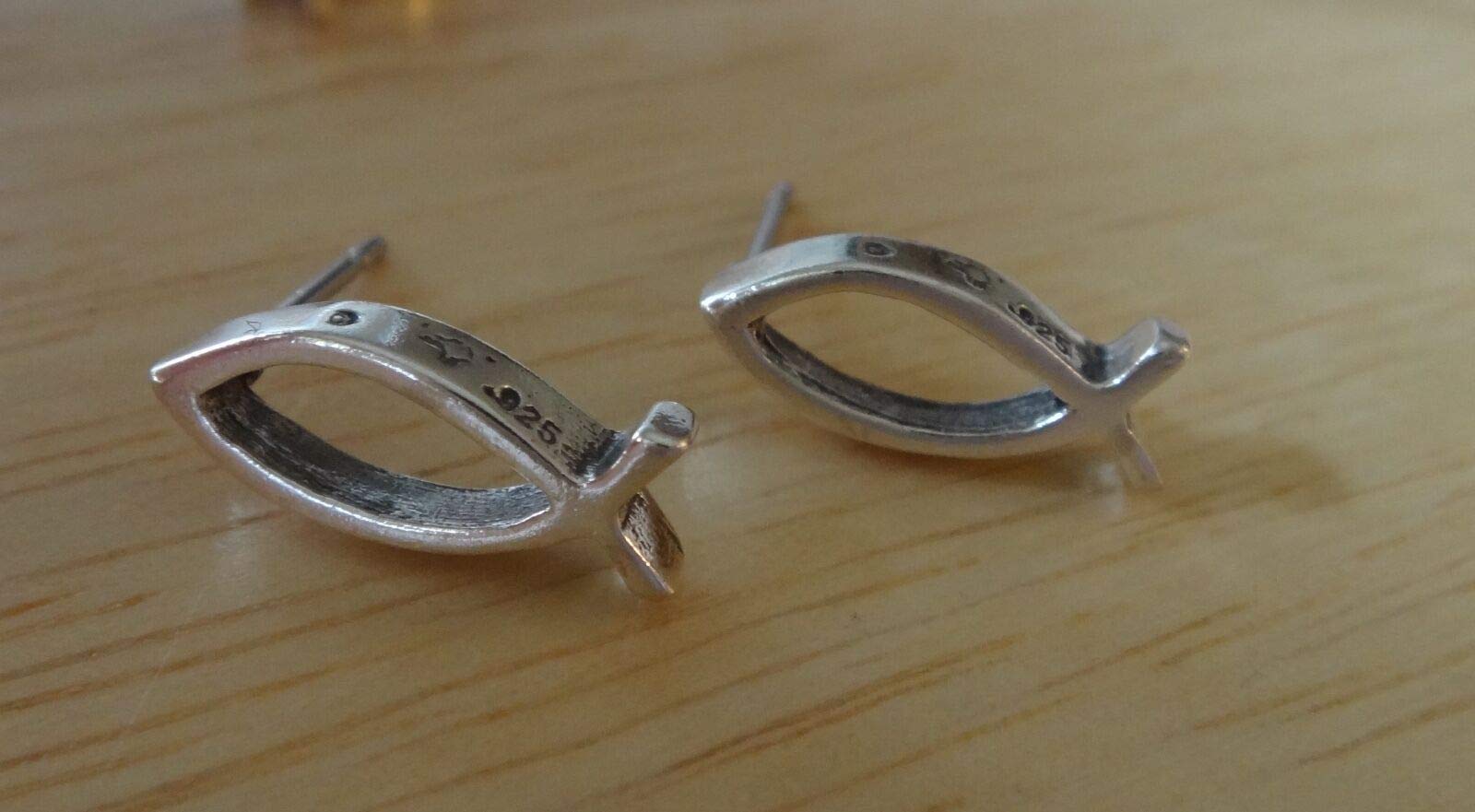 New Sterling Silver Small 13x5mm Cut Out Christian Fish Stud Earrings CII0659SEE