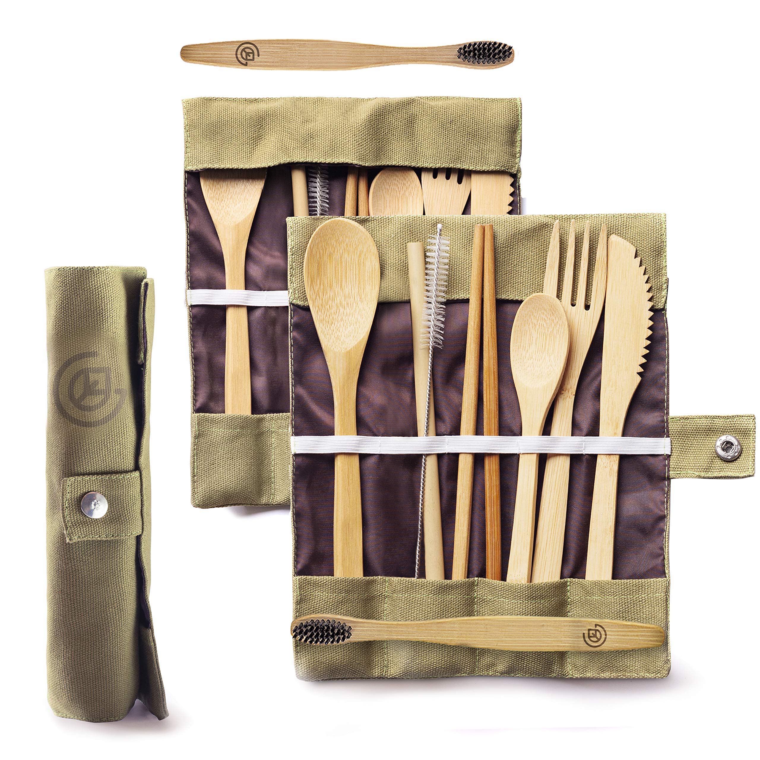 Greenzla 2-Pack Bamboo Utensils Set | With Bonus 2 Bamboo Toothbrushes | Natural Bamboo Straw, Spoon, Fork, Knife, Teaspoon, Chopsticks, Brush & 2 Storage Bags | Reusable Bamboo Cutlery set