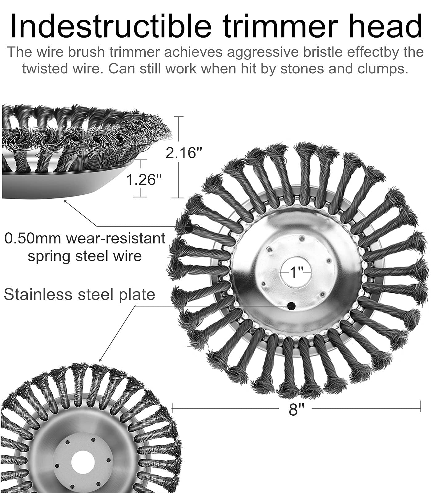 GS 6Pcs 8 in Steel Wire Brush Cutter Trimmer Head Set,with Thrust Washer, Rider Plate, Collar Nut, Maintenance Screwdriver, Bevel Washer,Adapter Kit for String Trimmers, Rust Removal, Lawn Mower