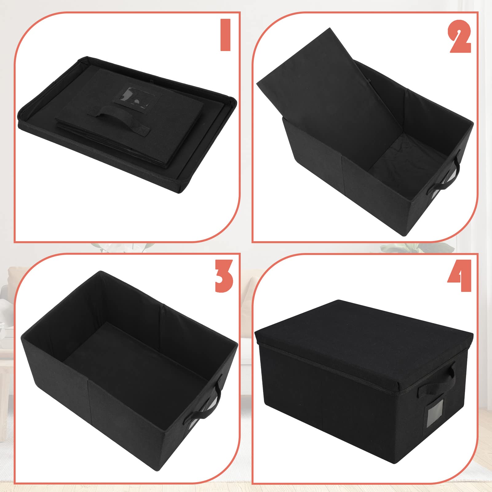 Graciadeco 22.8qt Closet Storage Boxes with Lids Black Folding Keepsake Storage Bins Stackable Flat Lidded Carboard Storage Contaner for Clothes Barbie Shoes, 2 Pack