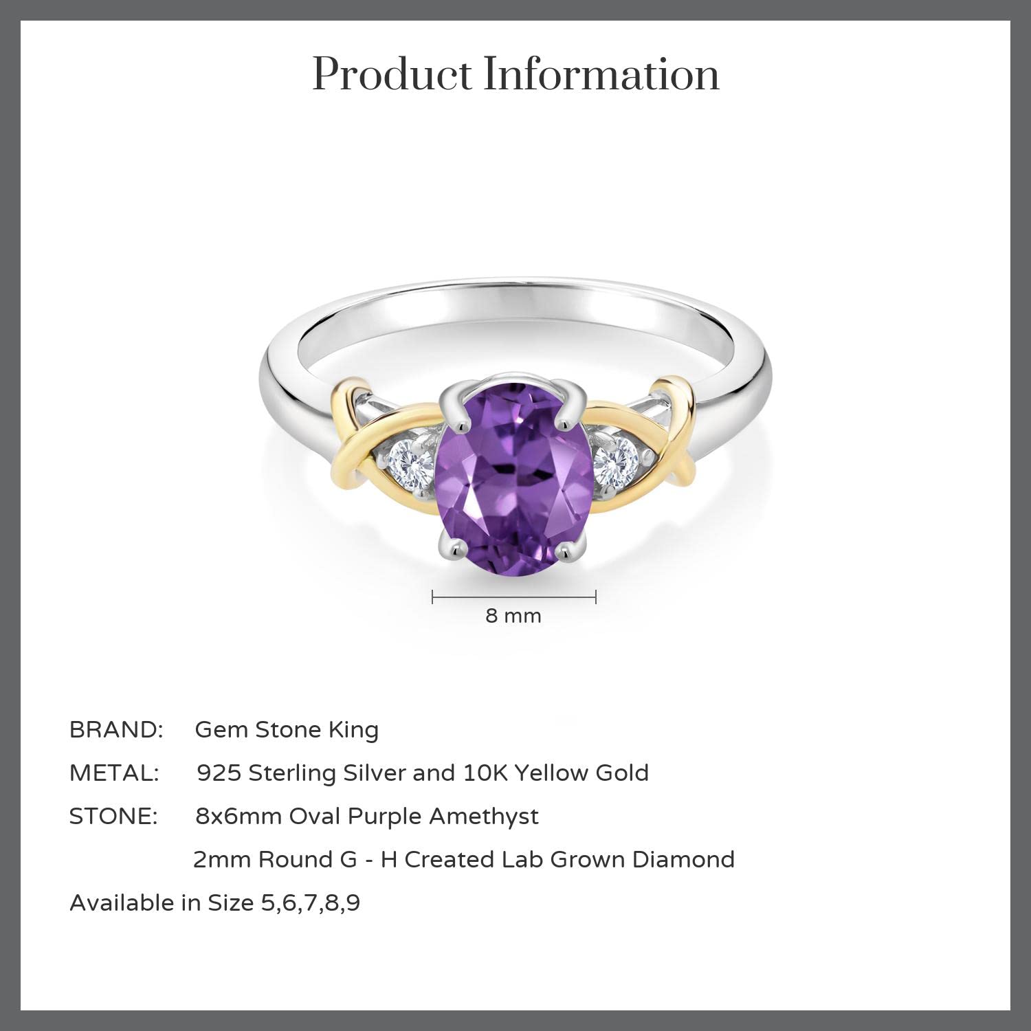 Gem Stone King 2 Tone 10K Yellow Gold and 925 Sterling Silver Purple Amethyst and Lab Grown Diamond Engagement Ring For Women (1.23 Cttw, Gemstone Birthstone, Available In Size 5, 6, 7, 8, 9)