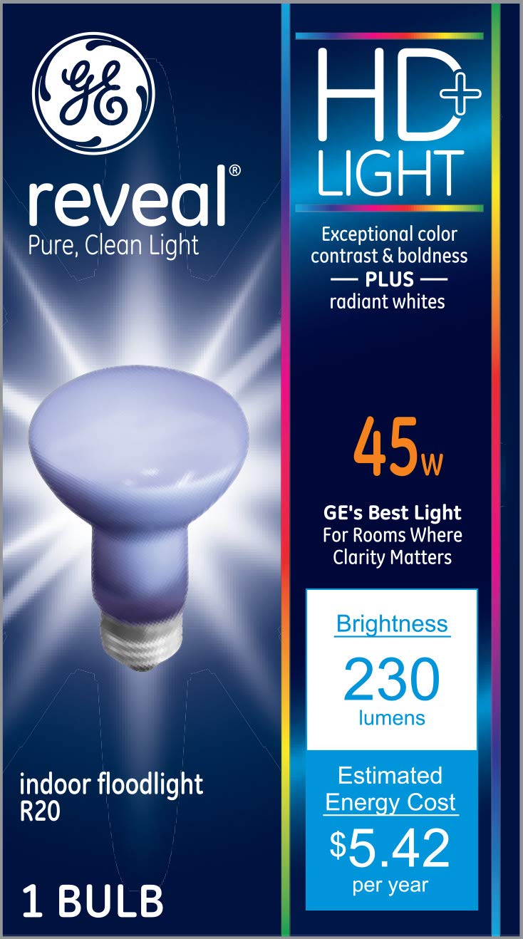 GE Lighting Reveal HD R20 Indoor Flood Light Bulb, Dimmable, 45-Watt, 230 Lumen, Medium Base, 1-Pack