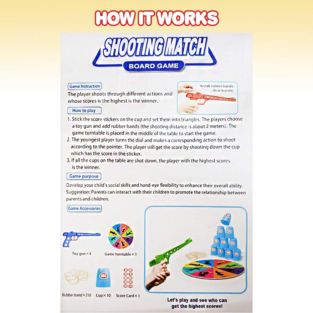 Gamie Shooting Competition Game for Kids - Includes 3 Toy Guns, 100 Rubber Bands, 10 Cups, Game Turntable, Score Stickers and Instructions - Fun Target Practice Game for Boys & Girls