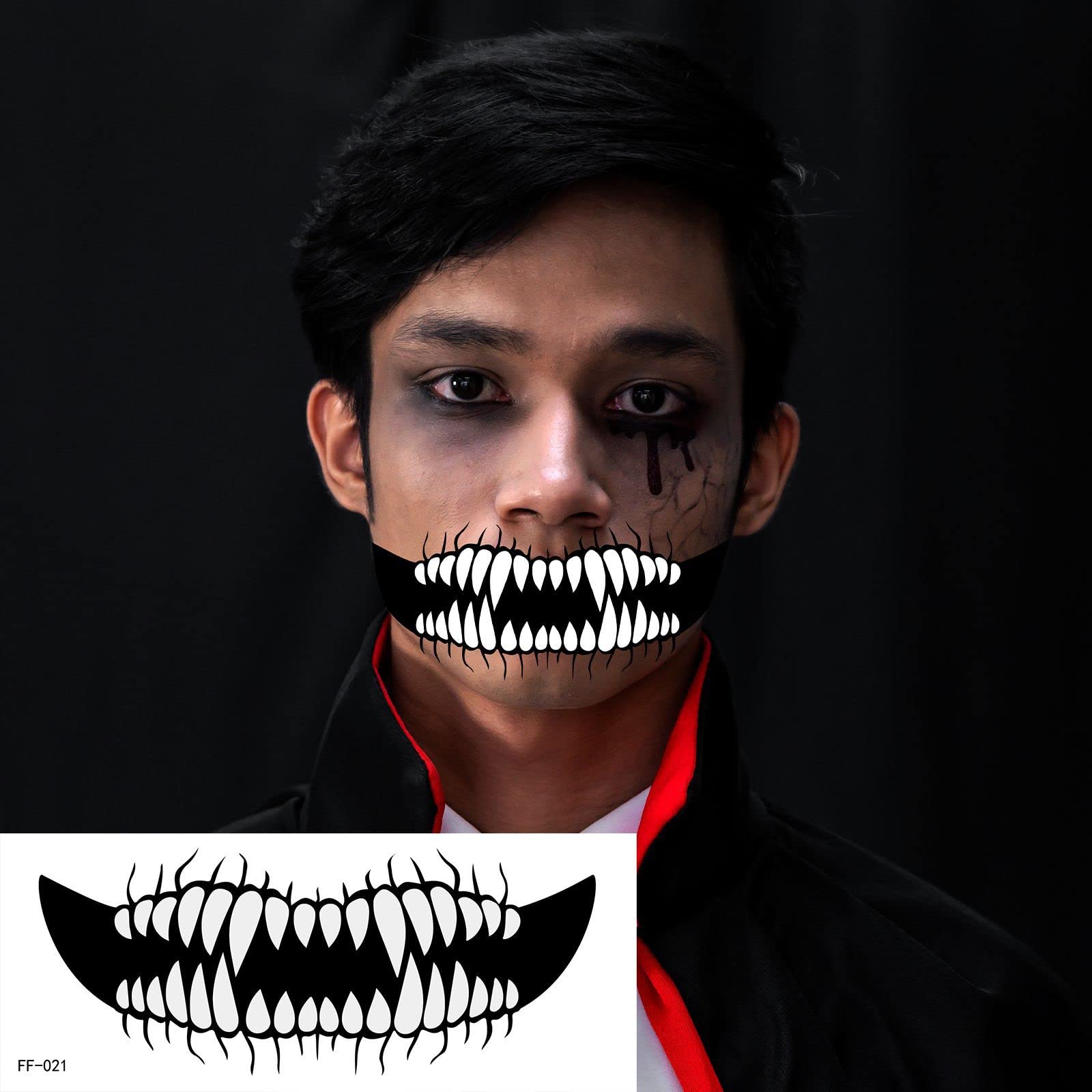 Halloween Temporary Horror Scary Mouth Tattoo Stickers Prank Props Makeup Costume Accessories Face Kit Men or Women Adults Kids Cosplay Party Masquerade
