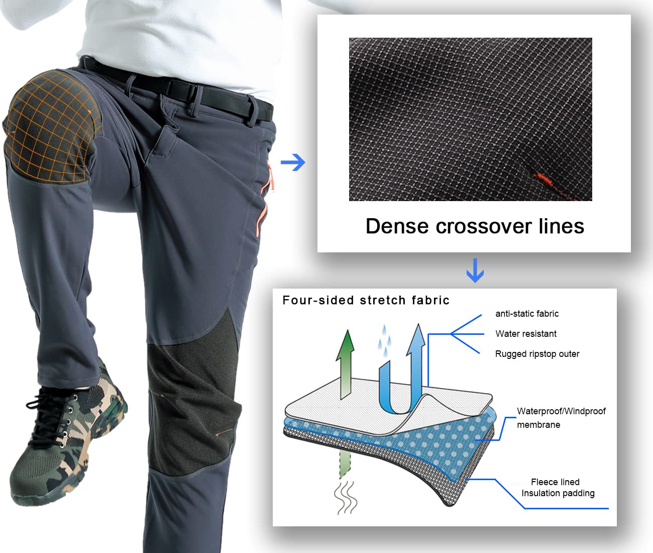 Gash Hao Mens Snow Ski Waterproof Softshell Snowboard Pants Outdoor Hiking Fleece Lined Zipper Bottom Leg (180Grey, 32W x 34L)