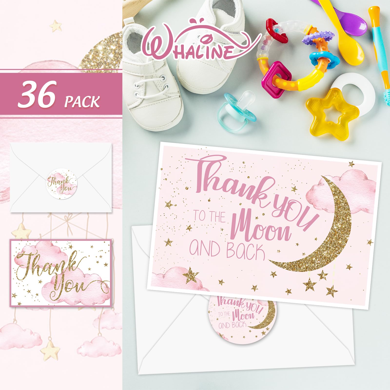 Whaline 36 Pack Pink Baby Shower Thank You Cards with Envelopes Matching Seal Stickers Glitter Starry Twinkle Moon Blank Note Cards for Birthday Supplies