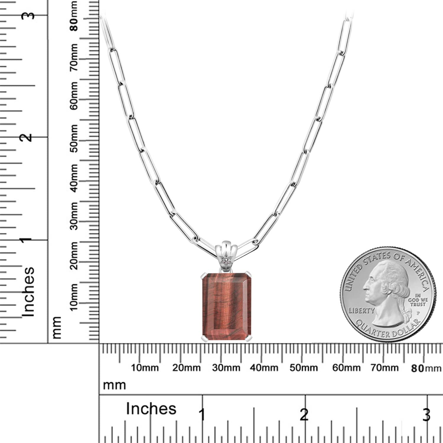 Gem Stone King 12.03 Ct Red Tiger Eye White Diamond 925 Sterling Silver Pendant with 3.25mm Paperclip Link Chain 18 inch with 2 inch Extender