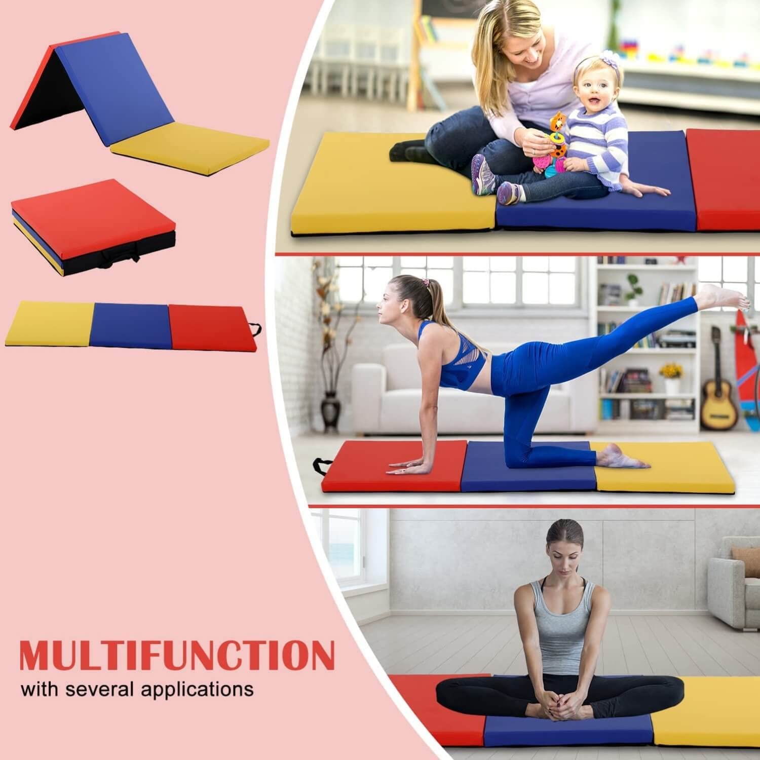 Gymnastics Mat Tumbling Mats for Gymnastics for Home, Tri-Fold Folding Thick Wrestling Mats 6'x2'x2”Anti-Tear Lightweight Exercise Mat with Carrying Handle, Indoor/Outdoor Workout Mats CM