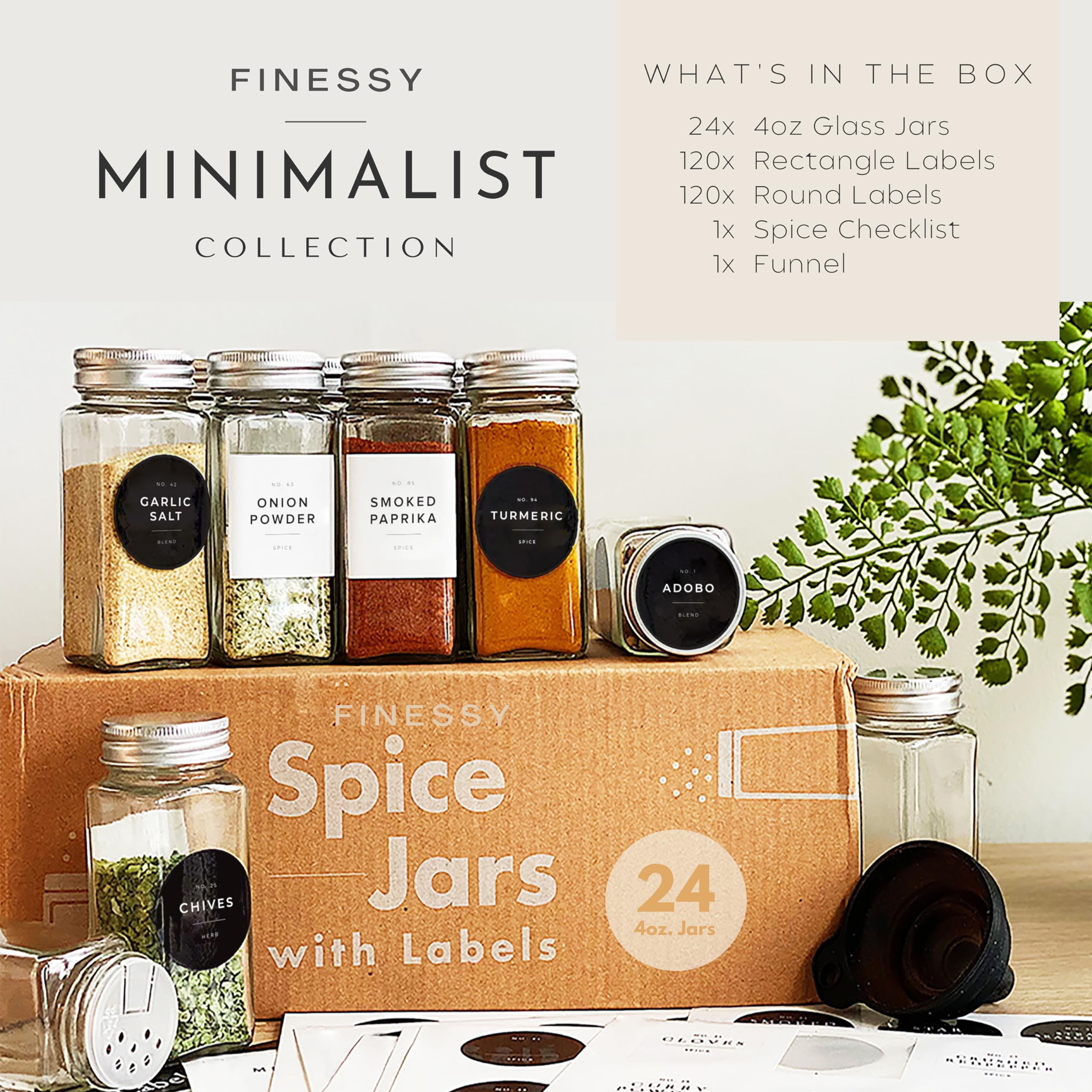 Glass Spice Jars with Label and Organizer - Minimalist Collection - Clear Empty 4 oz Spice Jars with Labels, Spice Seasoning Containers Jars with Labels, Small Spice Bottles Jars Set with Shaker Lids
