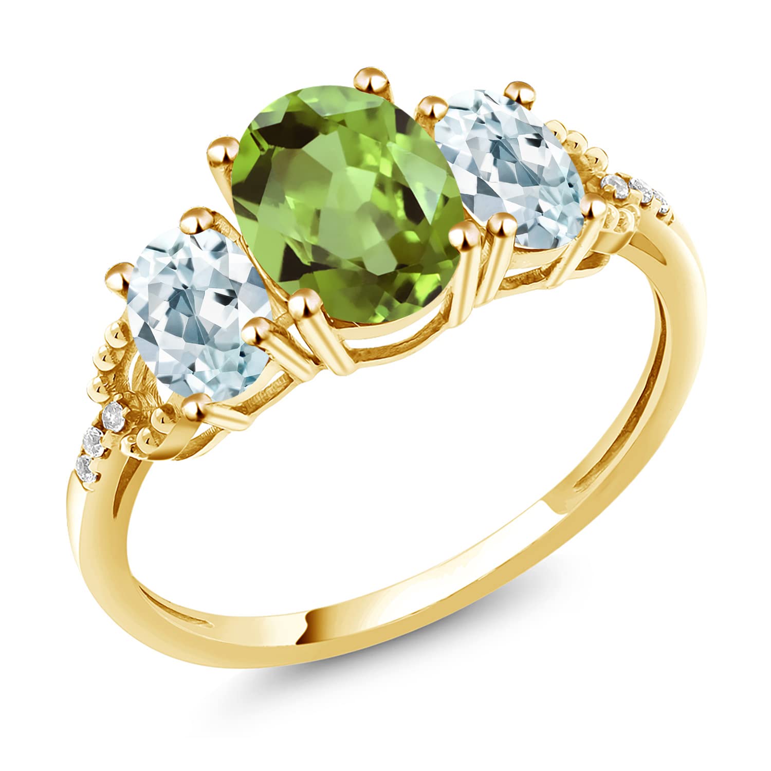 Gem Stone King 10K Yellow Gold Oval Green Peridot and Sky Blue Aquamarine Ring For Women (2.46 Cttw, Gemstone Birthstone) (Size 6)