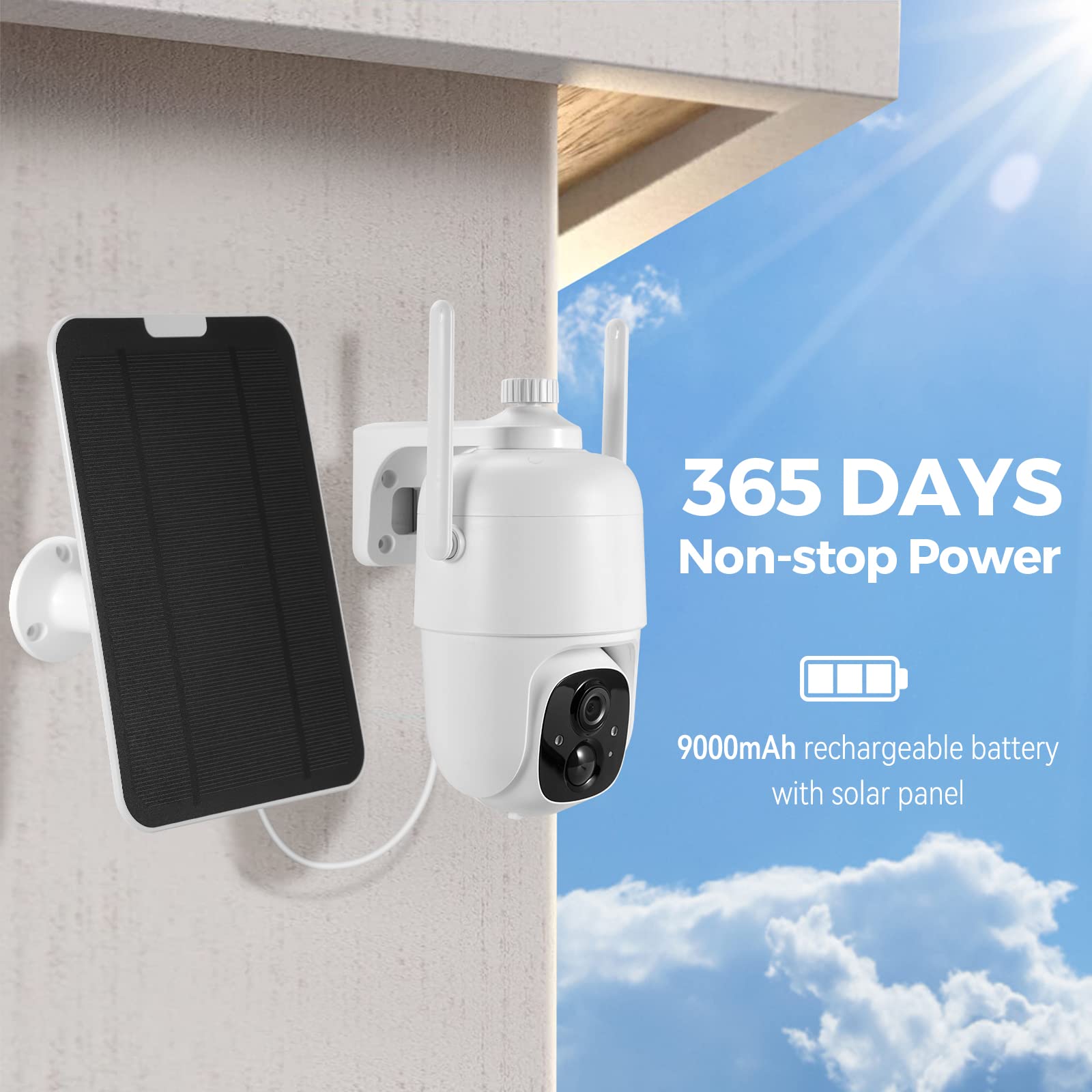 Hulkvis Solar Security Camera Outdoor Wire-Free Rechargeable Battery Powered Camera, with PIR Motion Detection Starlight Night Vision Spotlight Pan Tilt Two-Way Talk