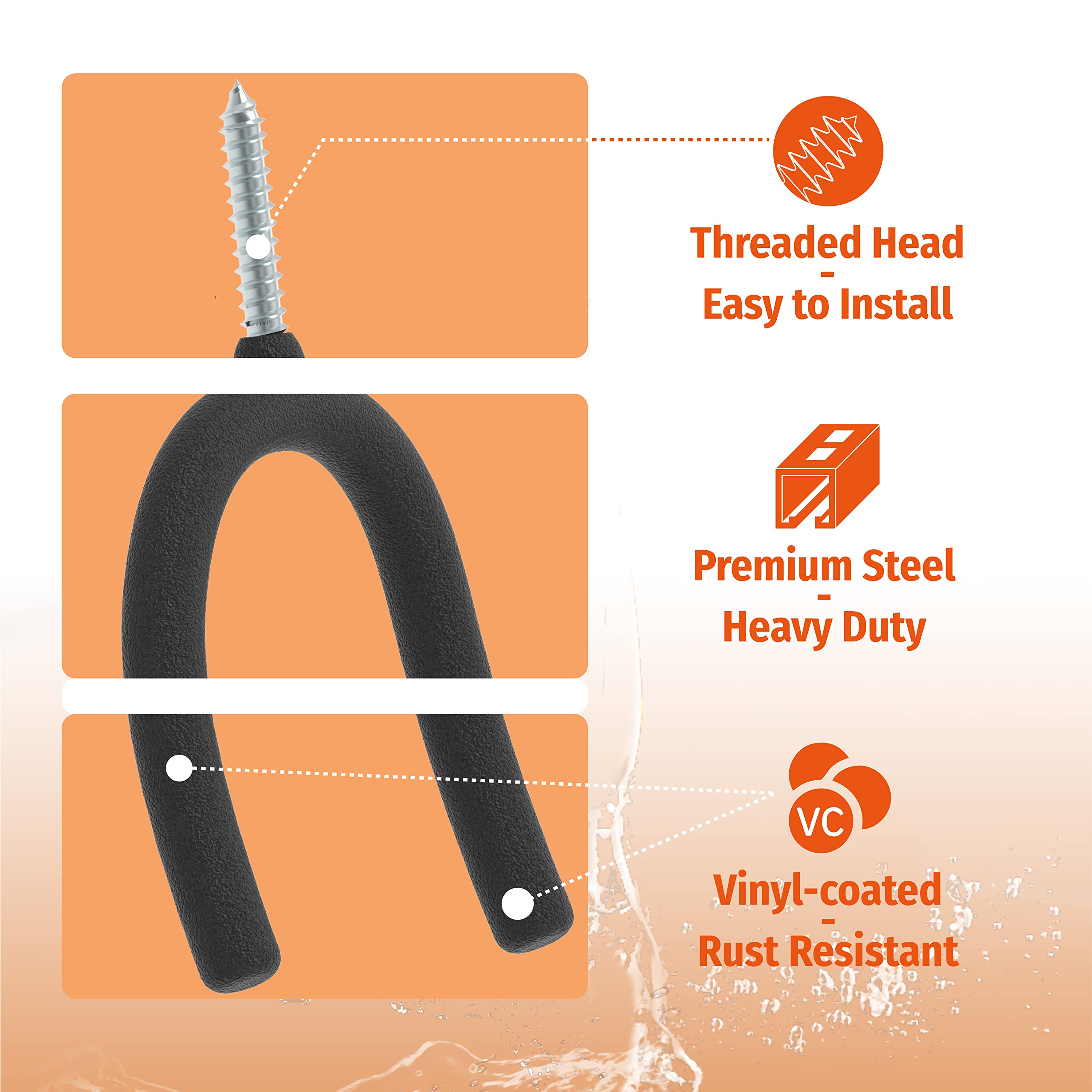 HUHOLE Screw in U Hook, Black, 16PC, Shovel Holder Wall Mount, U Hooks for Hanging Garden Tools