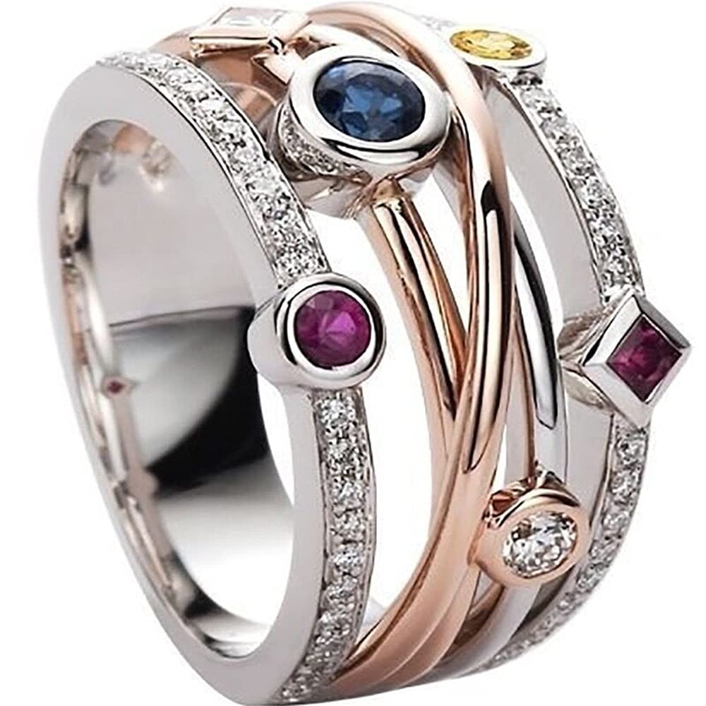GYOEI 925 Sterling Silver Womens Shiny Full Diamond Ring Geometric Colorful Gemstone Cubic Zirconia Ring Multi Row Cross Hip hop Ring Eternity Engagement Wedding Band Ring for Women HM012 (7)