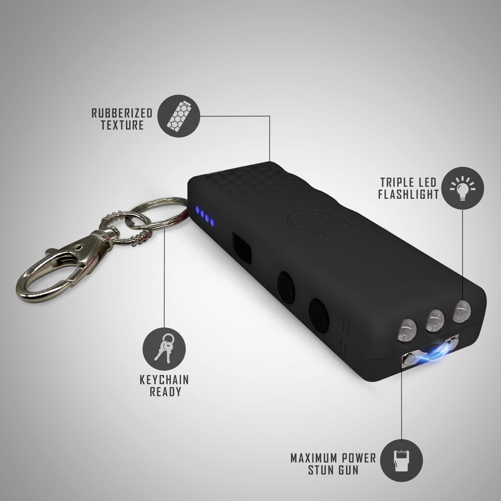 GUARD DOG SECURITY Hornet+ Mini Stun Gun Keychain - Stun Gun Flashlight Now with Battery Life Indicator - Personal Defense Equipment β Rechargeable (Black)