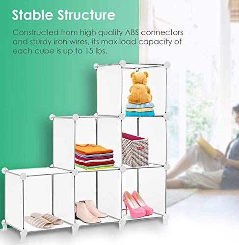 GuanJun Storage Organizer 6 Cubes,Modular Shelves, DIY Plastic Closet Cabinet,Storage Shelves for Bedroom, Living Room, Office, with Rubber Hammer (White)