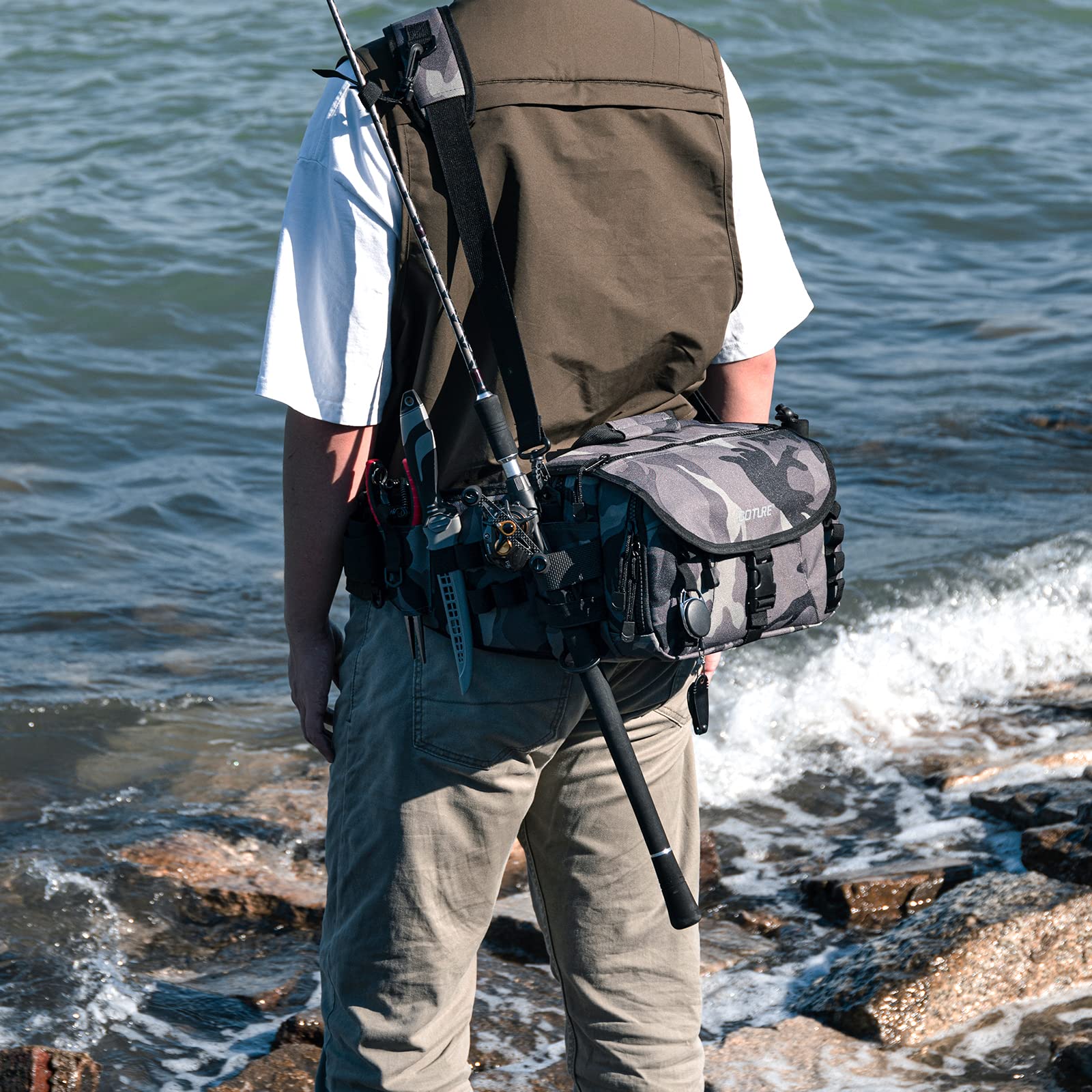 Goture Fishing Tackle Bag, Water-Resistant Polyester Material Fishing Tackle Storage Bag with Padded Shoulder Strap and