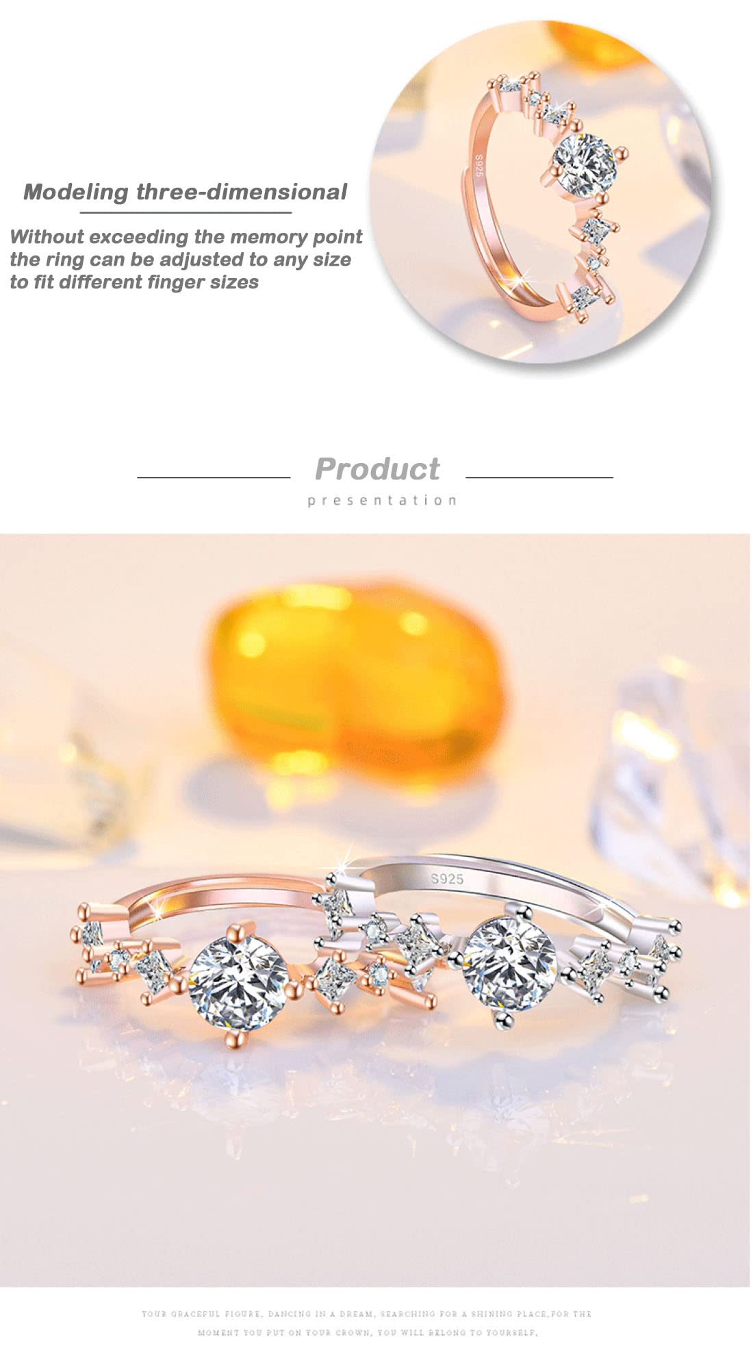HONYAT Simulation Diamond Ring Wedding or Engagement Opening Copper Silver Plated Adjustable Ring Fashion S925 Sterling Silver Zircon Single Diamond Live Mouth Ring