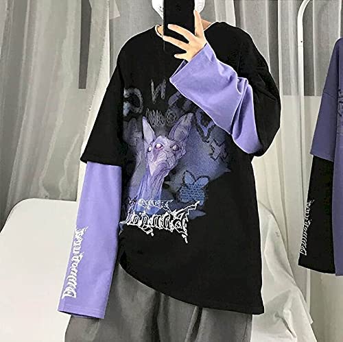 Goth Cat Shirt Gothic Shirt Fake Two-Piece Alternative Clothing Goth Cat Sweatershirt Grunge Clothes (Black,L,Large)