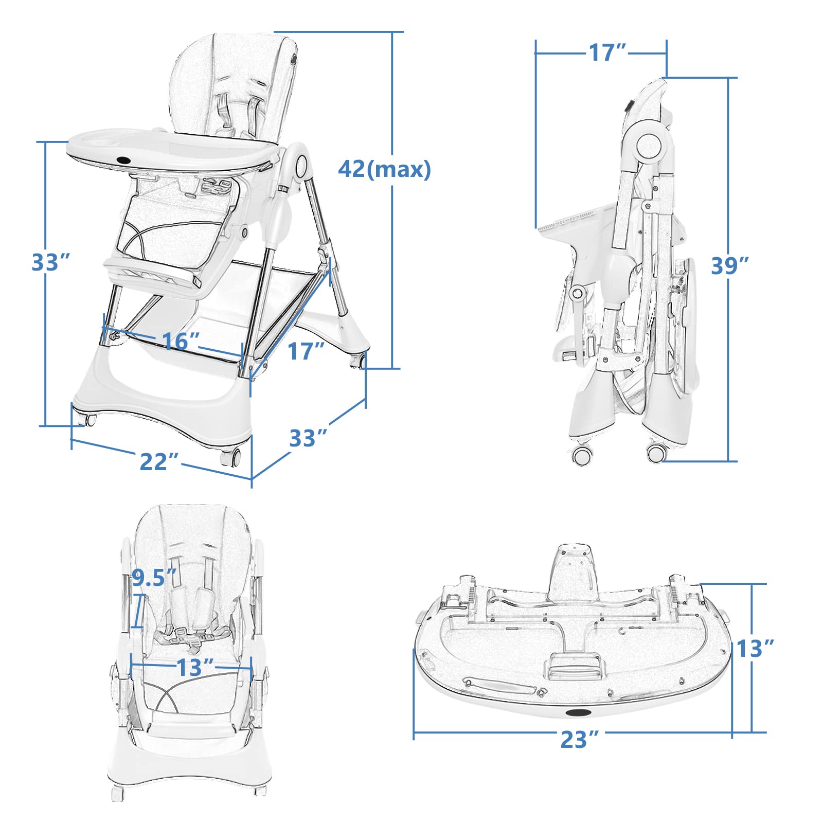INFANS High Chair with One-Hand Removable Tray, 4 Lockable Wheels & Large Storage Basket - Multi-Adjustable Height, Recline & Footrest, Removable Cushion, Foldable for Baby, Infant& Toddler (Navy)