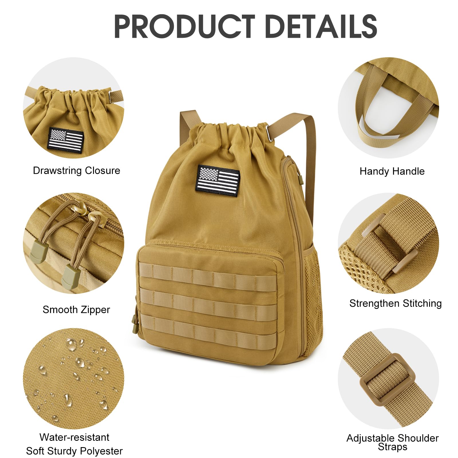 G4Free Drawstring Backpack Gym Backpack Soccer Basketball Bag with Shoes Compartment Tactical Water-Resistant String Sports Bag for Men Women(Tan)