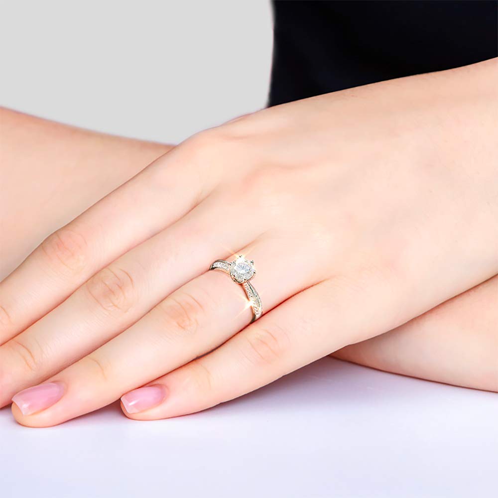 Gemorie Women's Moissanite 1 Carat Brilliant Round Center Stone Split Shank Pavé Ring in Hypoallergenic Sterling Silver (6)