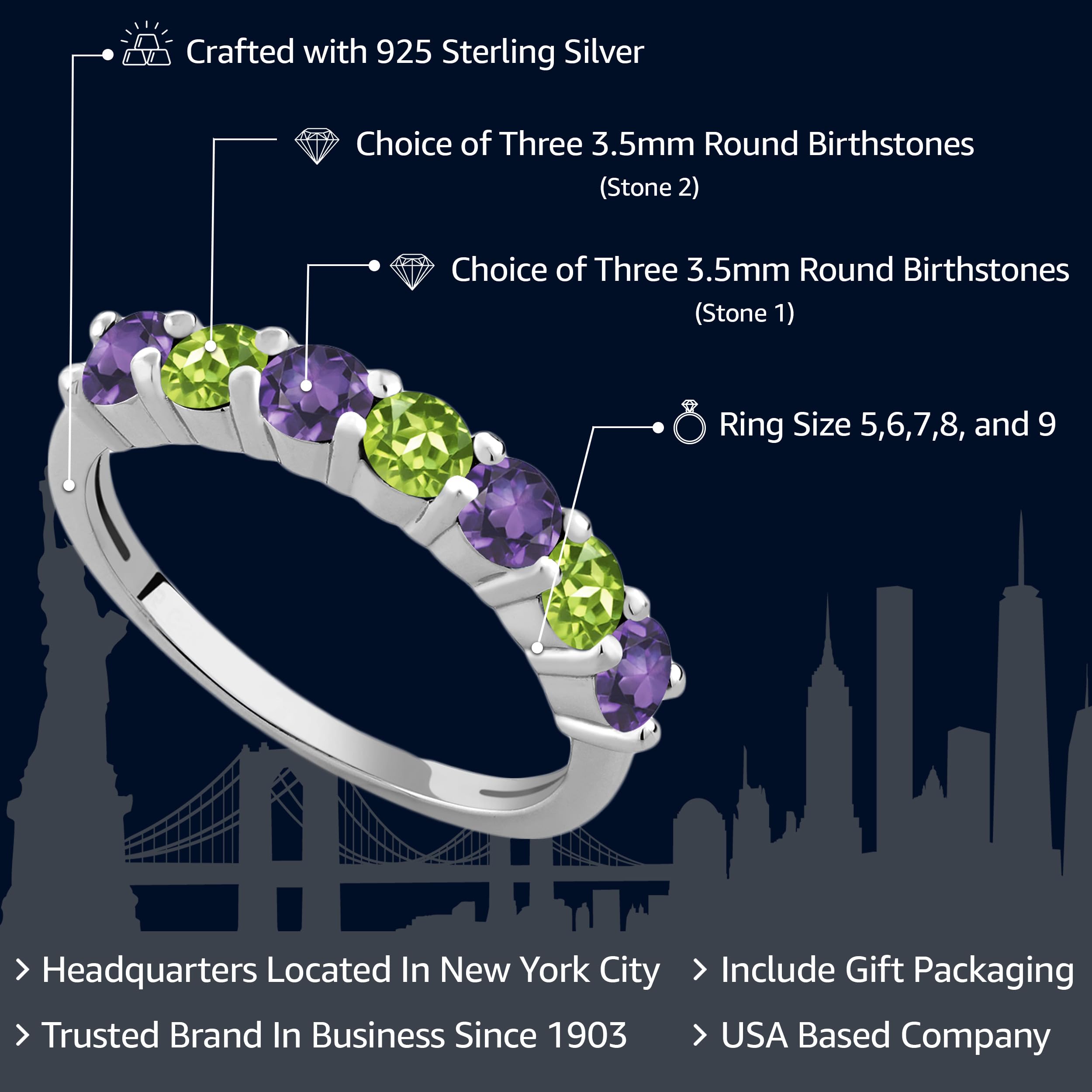 Gem Stone King 925 Sterling Silver Customized and Personalized 7 Round Gemstone Birthstone Wedding Engagement Solitaire Anniversary Promise Ring For Women (Size 9)