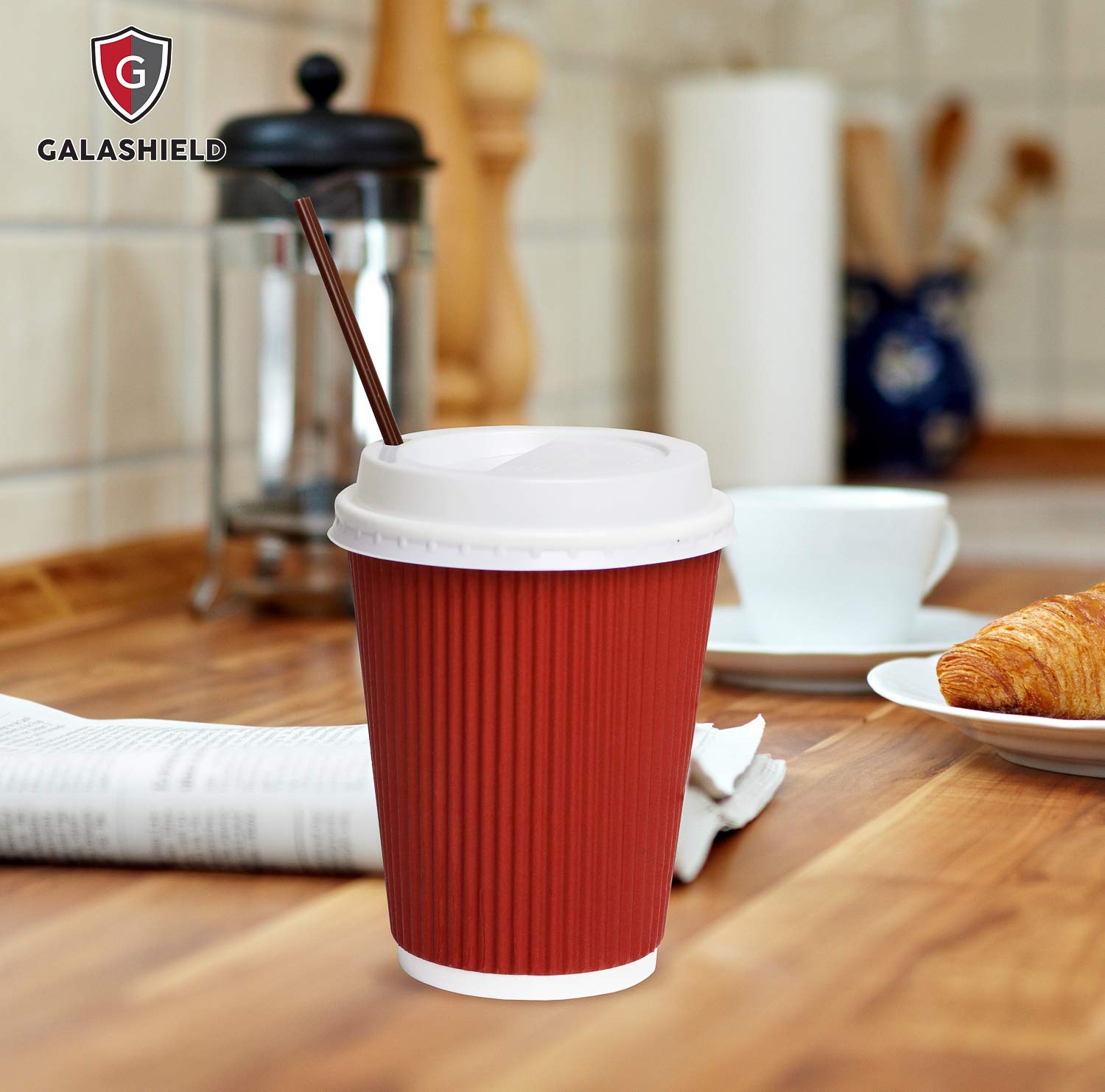 Galashield [100 Sets] Disposable Coffee Cups with Lids 12 Oz Hot Paper Coffee Cups with Lids Insulated Ripple Tea Cup Travel To Go with Stirring Straws and Napkins