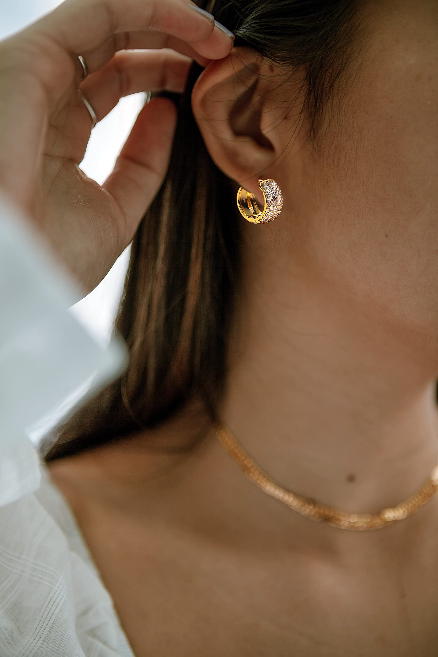 Gold Plated Hoop Bling Earrings For Women,Small Dainty Huggie Hypoallergenic Earrings With Cubic Zircon
