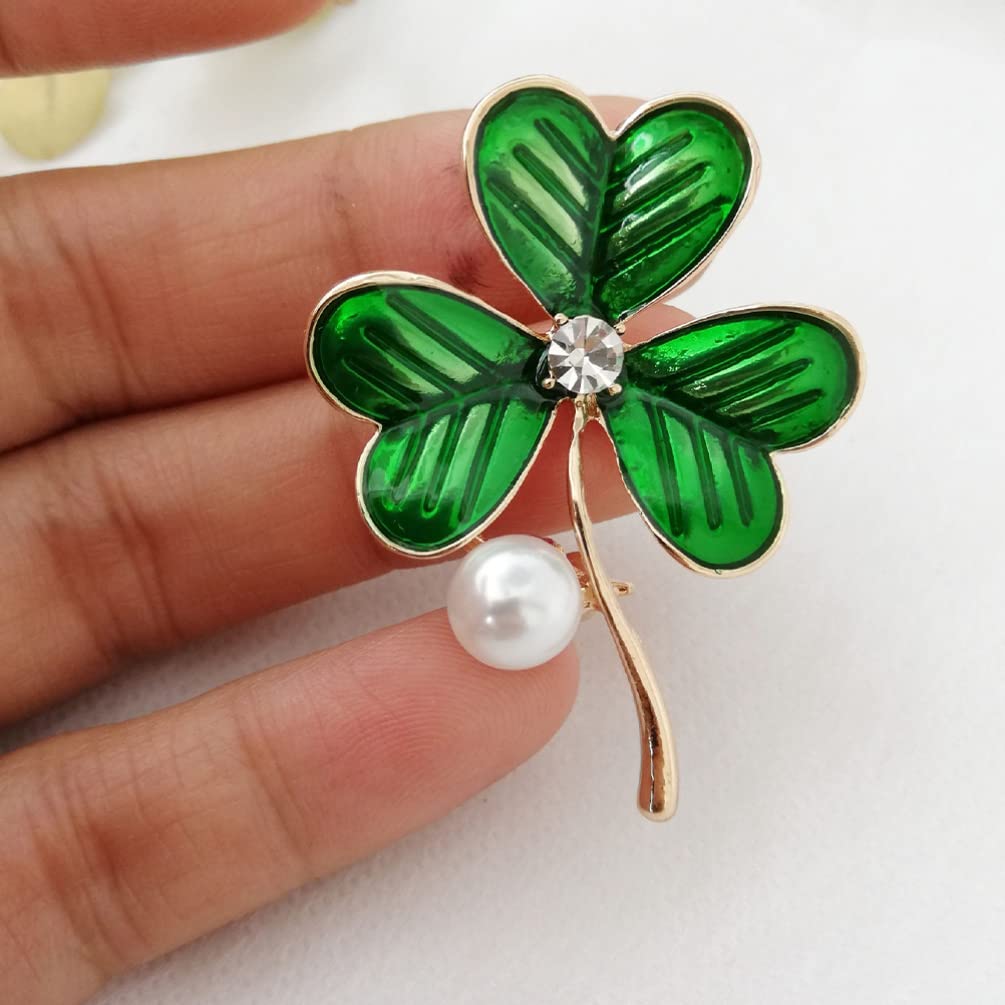 Generic Green Four Leaf Clover Pin St Patricks Day Shamrock Brooch Pin Pearl Enamel Brooch Breastpin Irish Jewelry for Party Accessory