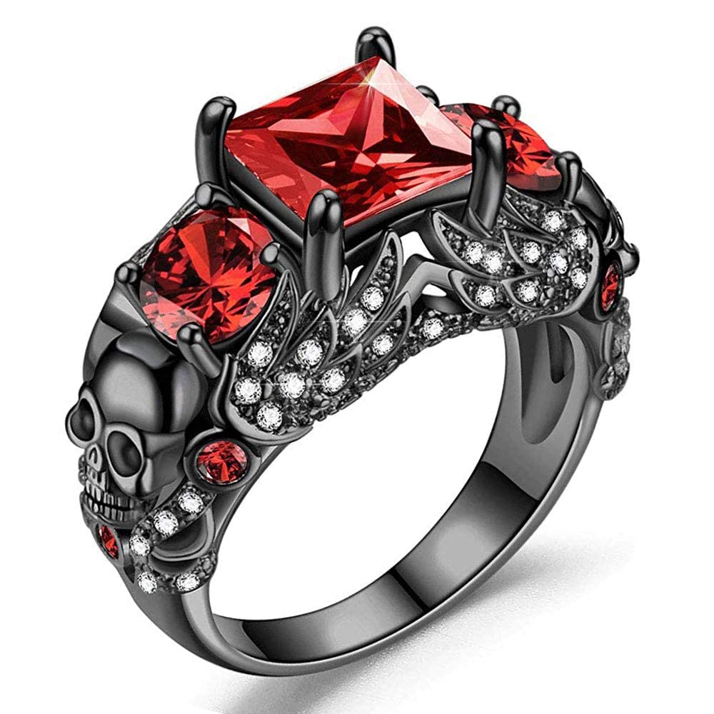 Gothic Jewelry Purple Red Black Crystal Unique Black Skull Rings for Women Halloween Christmas Gifts (Square-Red, 7)