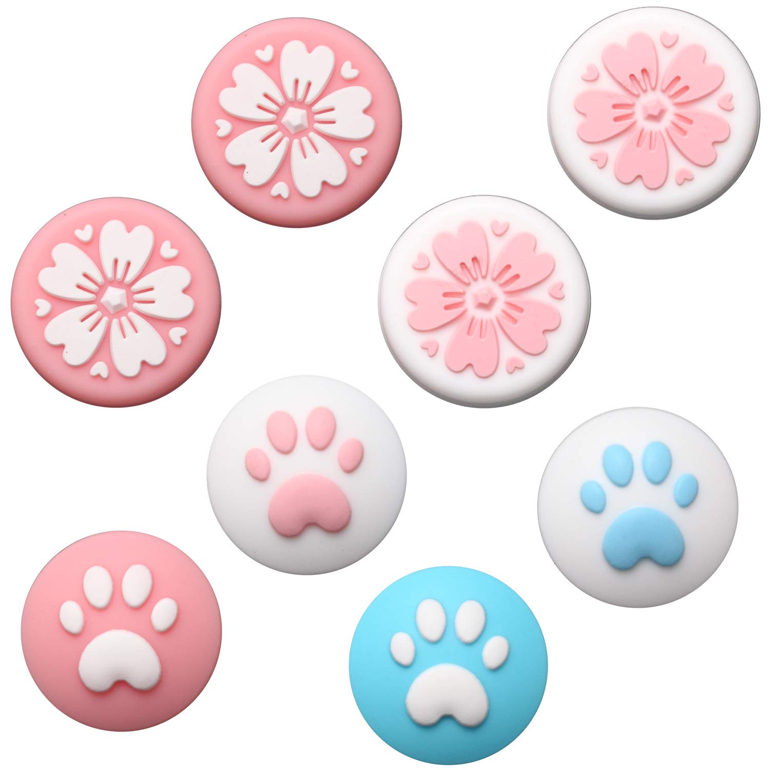 Fpxnb 4 Pairs Switch Thumb Grip Set, Analog Stick Silicone Cap Joystick Covers, Cat Claw & Sakura Flower Design, Compatible with Switch Joy-Con Controllers & Lite, Pink & Blue
