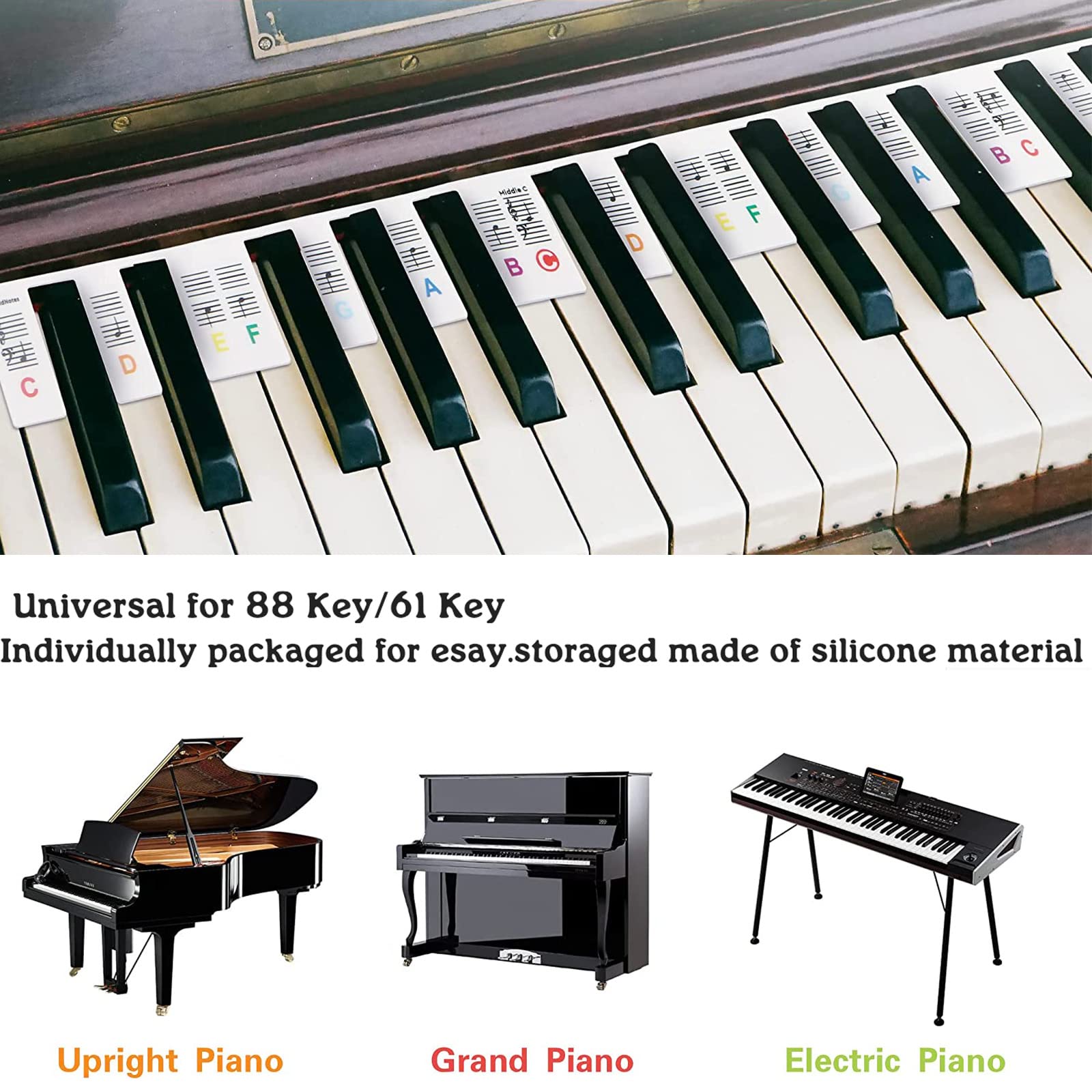 Gowxs Piano Notes Guide for Beginner,61/88-Key Full Size, Removable Piano Keyboard Note Labels for Learning, Made of Silicone, No Stickers, Reusable and Comes with Box and Instructions (Rainbow)