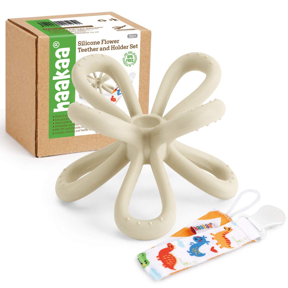 haakaa Silicone Flower Teether for Babies - Food Grade Silicone Flower Teething Toy for Teething Baby Soothing Sore Gum Healthy Silicone Teether with Teether Clip Prevent Losing