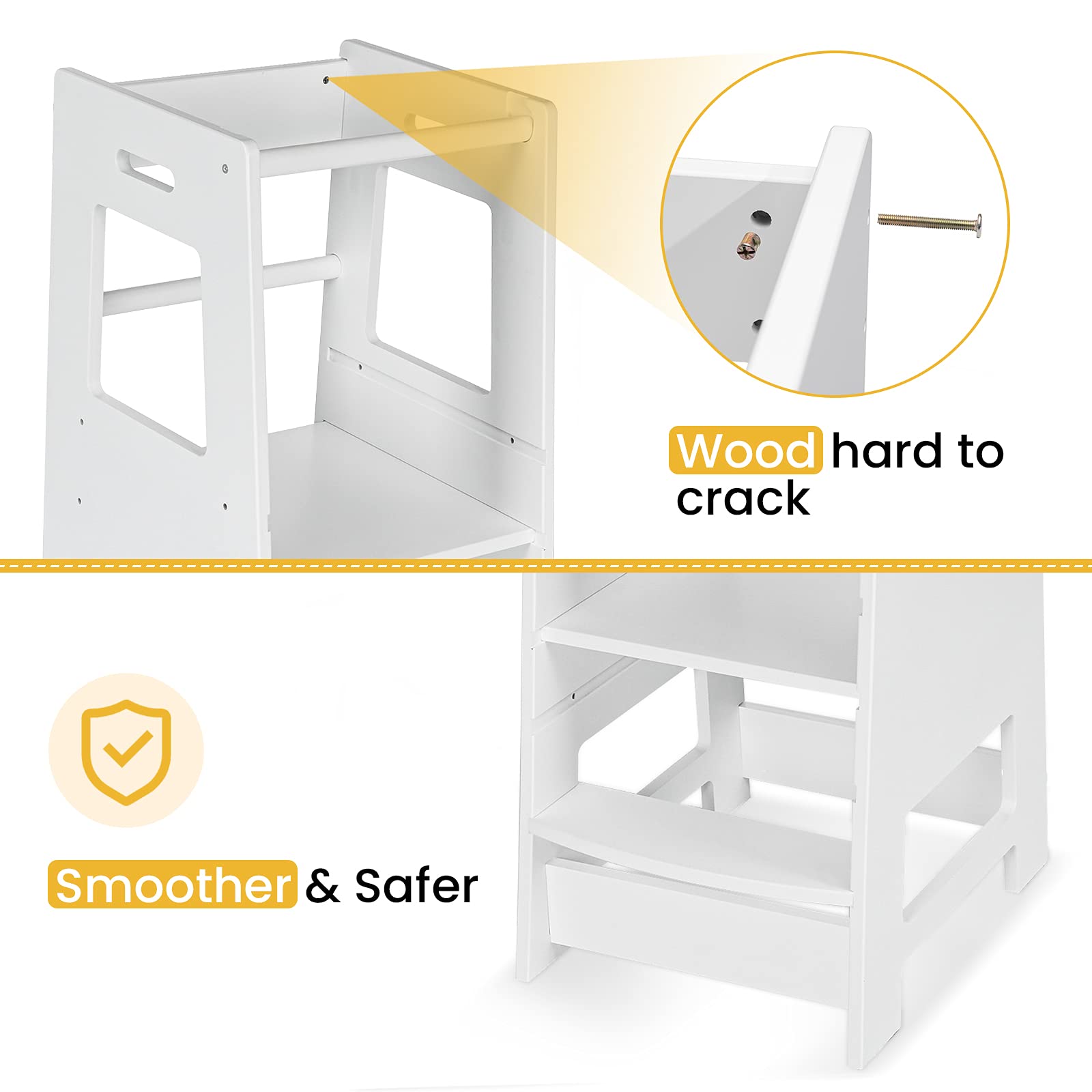 LUSIMO Toddler Step Stool Helper Nursery Standing Tower Wooden Kids Step Stool with Safety Rail Height Adjustable Toddler Learning Tower with Anti-Slip Protection Support Up to 165lbs White