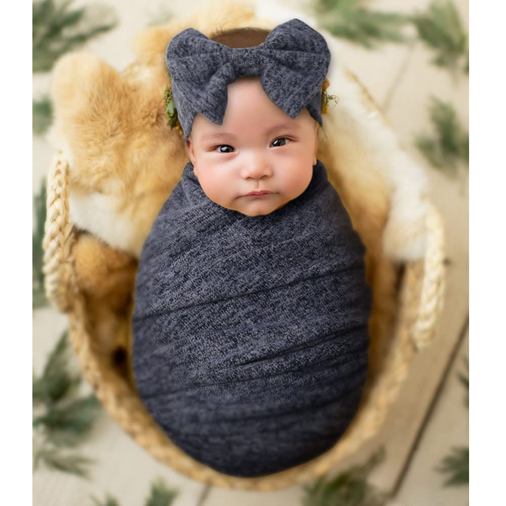 Newborn Baby Swaddle Blankets Headbands Bow Sets Receiving Blanket Stretchy Swaddle Sack for Baby Shower Infant Shower Gift (Black)