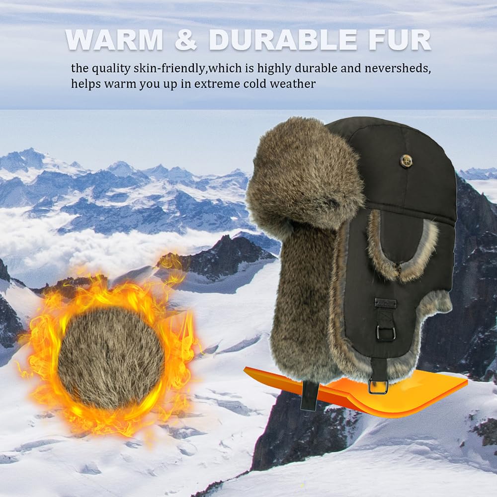 Fur Winter Trapper Hat,100% Rabbit Fur Aviator Ski Trapper Trooper Pilot Hat,Snow Eskimo Hat with Ear Flaps for Men & Women