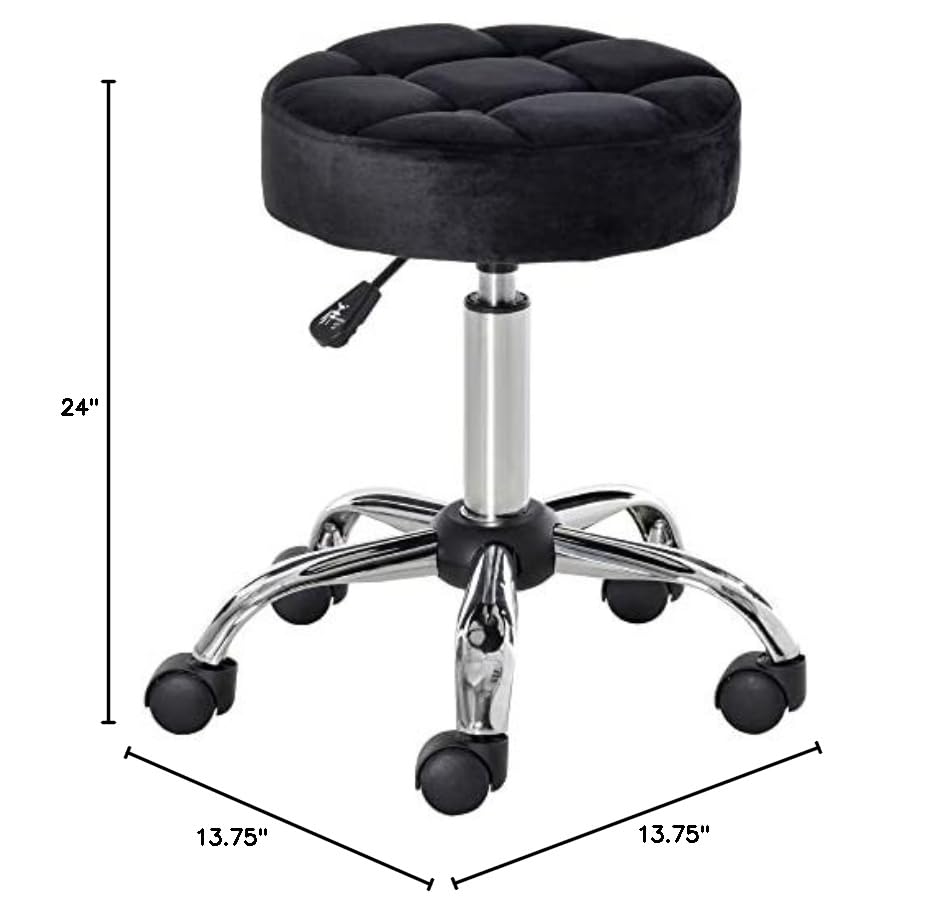 HOMCOM Round Rolling Stool with Height Adjustable Lift, Vanity Chair with Luxury Style Upholstery, Office Chair with Swivel Seat and Wheels for Work Spa Salon, Black