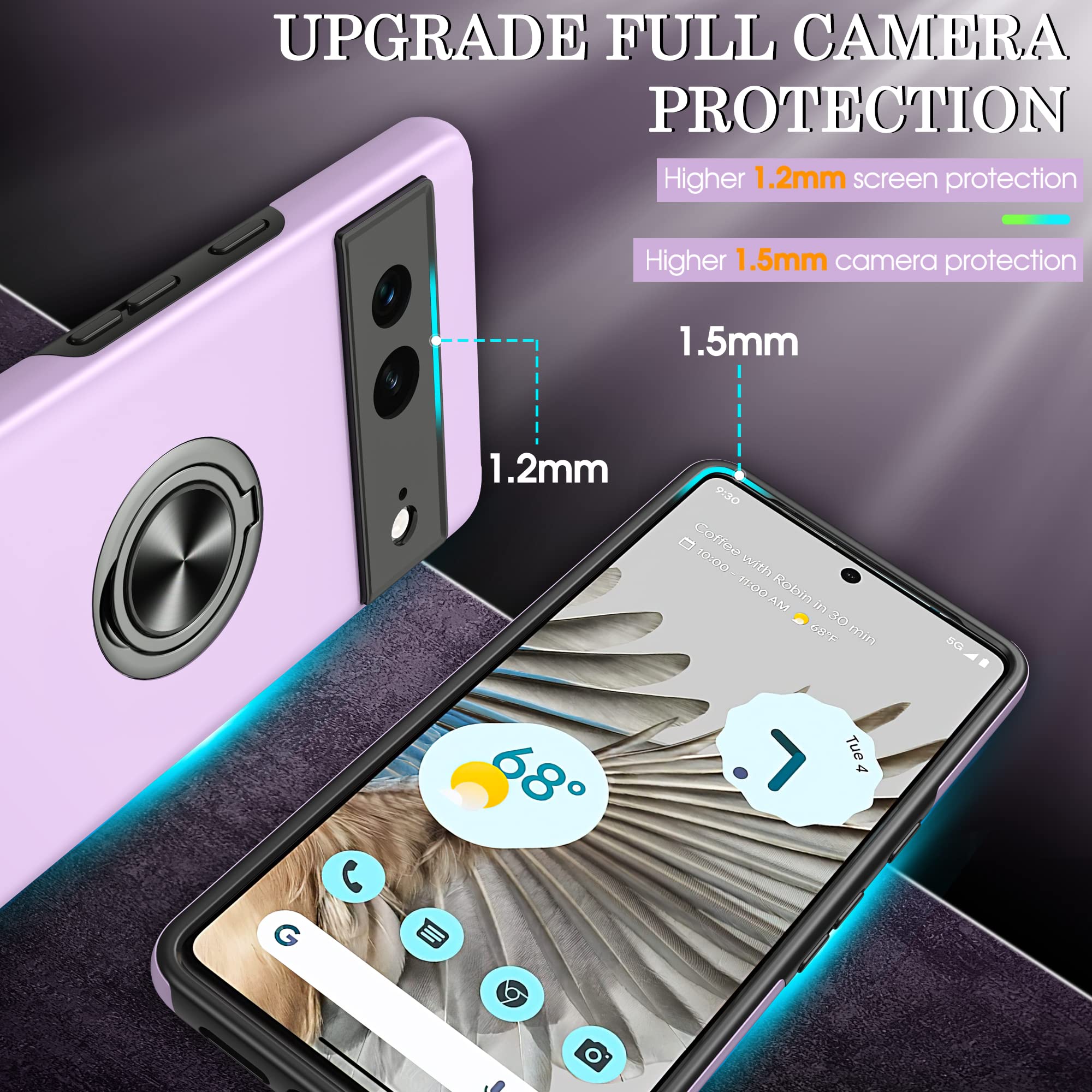 Gritup Pixel 7 Case, Google Pixel 7 Case with HD Screen Protector, Shockproof Google Pixel 7 Phone Case with 360° Magnetic Ring Holder Kickstand Phone Case for Google Pixel 7 Purple